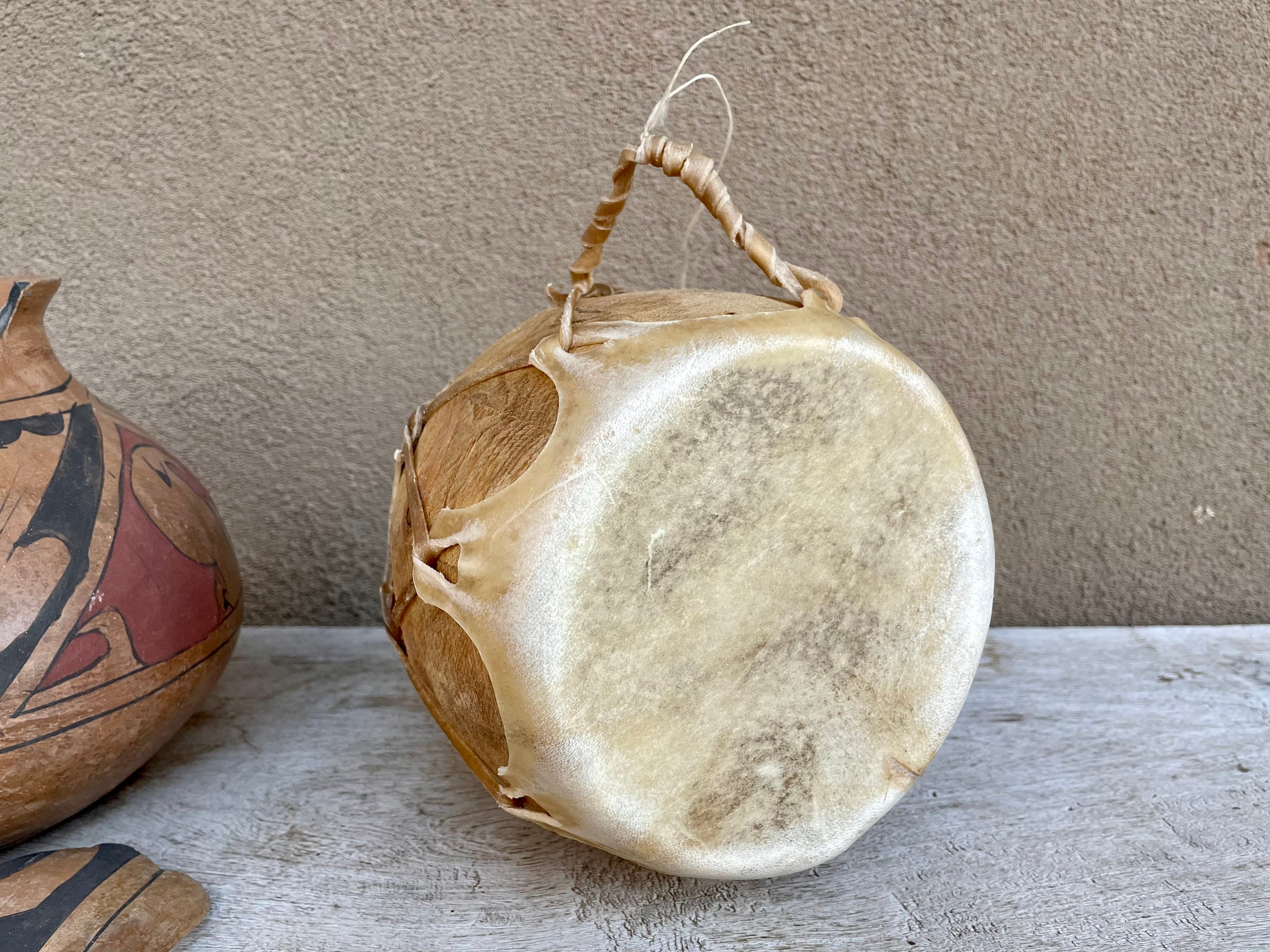 Vintage Native American Indian Log Drum with Hide Top Tether Handle and ...