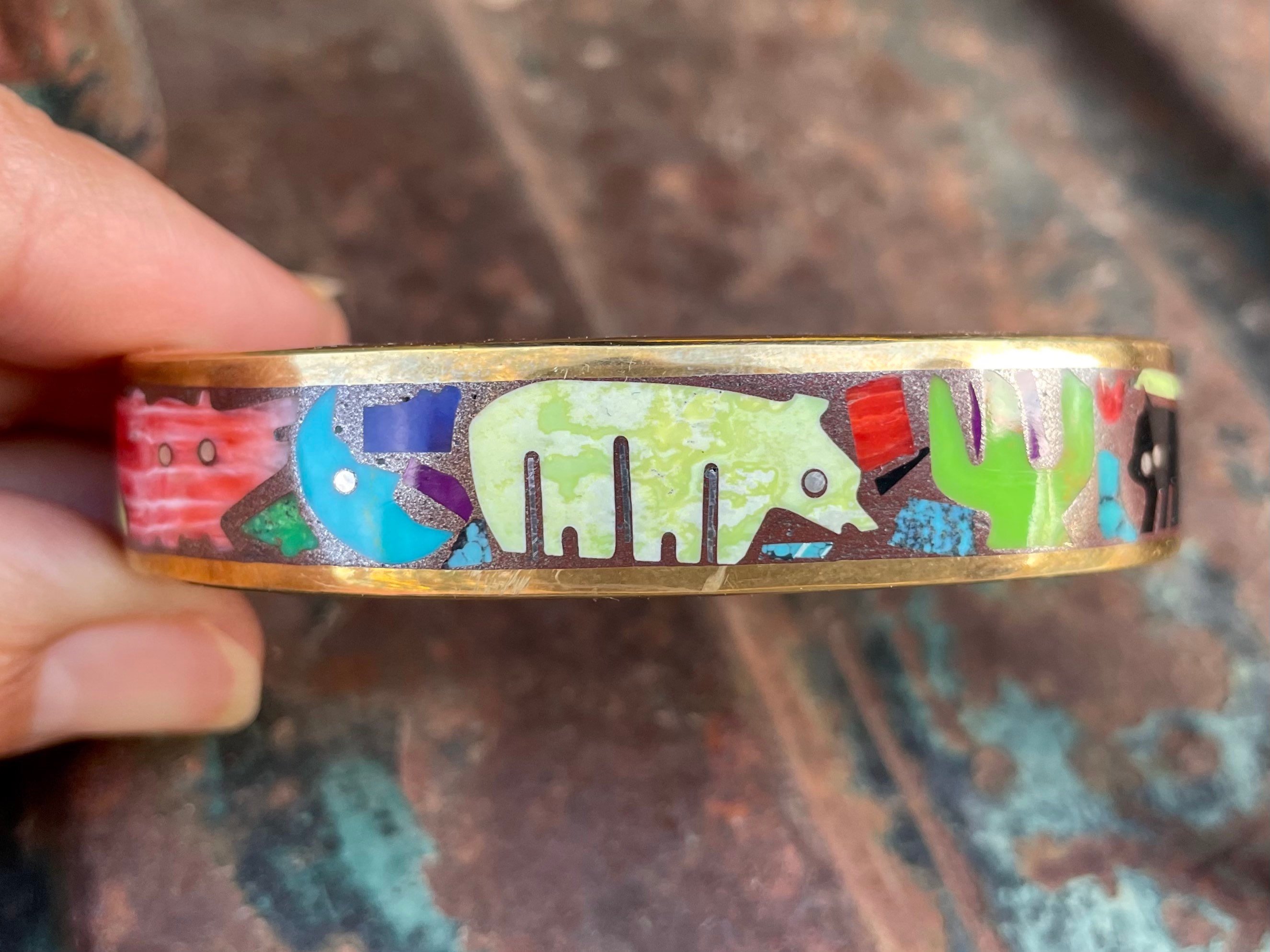 36g Multi-Stone Channel Inlay Bronze Cuff Bracelet w/ Polar Bear Black ...