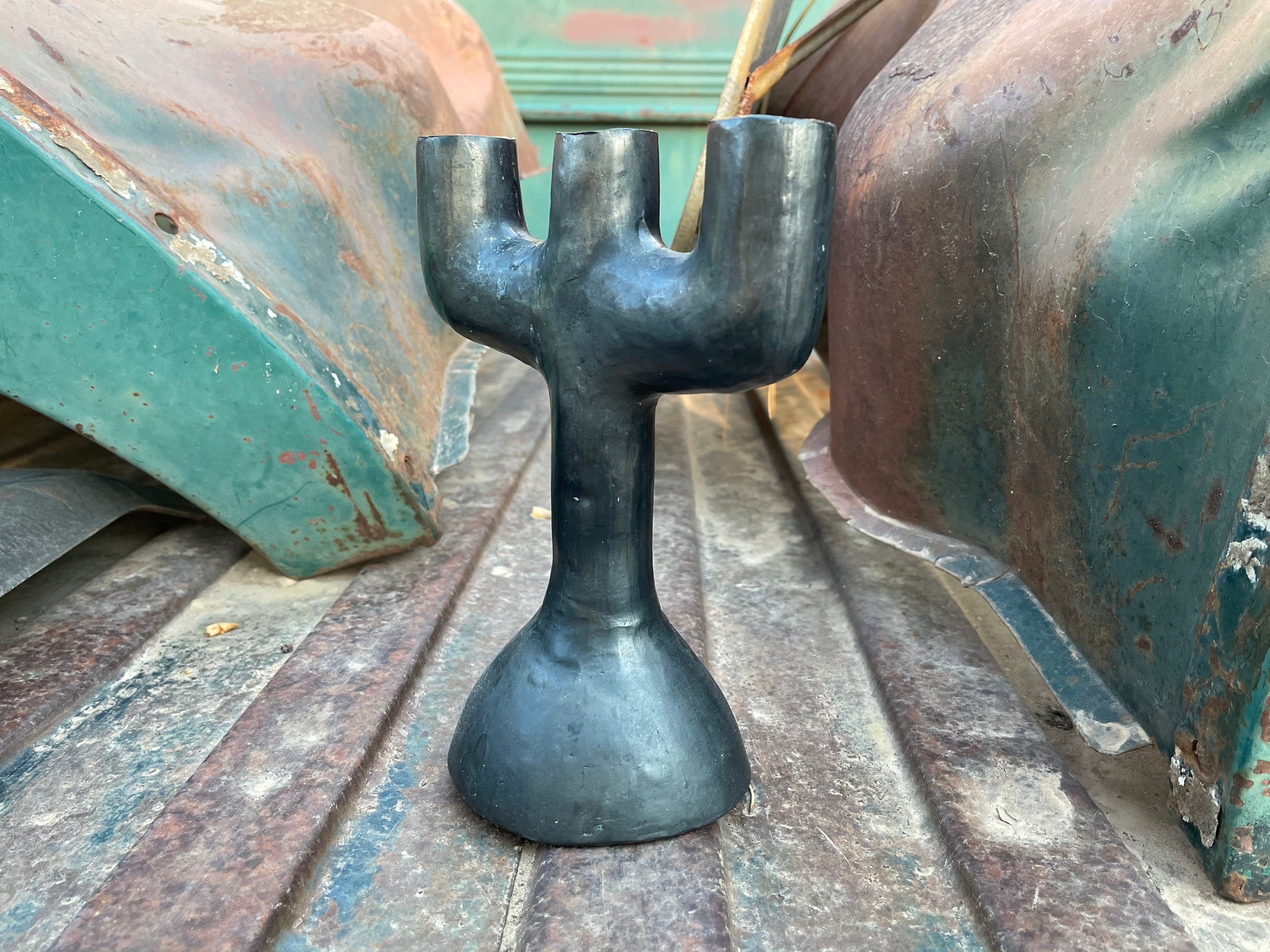 Vintage Barro Negro Three Candle Candelabram Oaxaca Mexico Black Clay ...