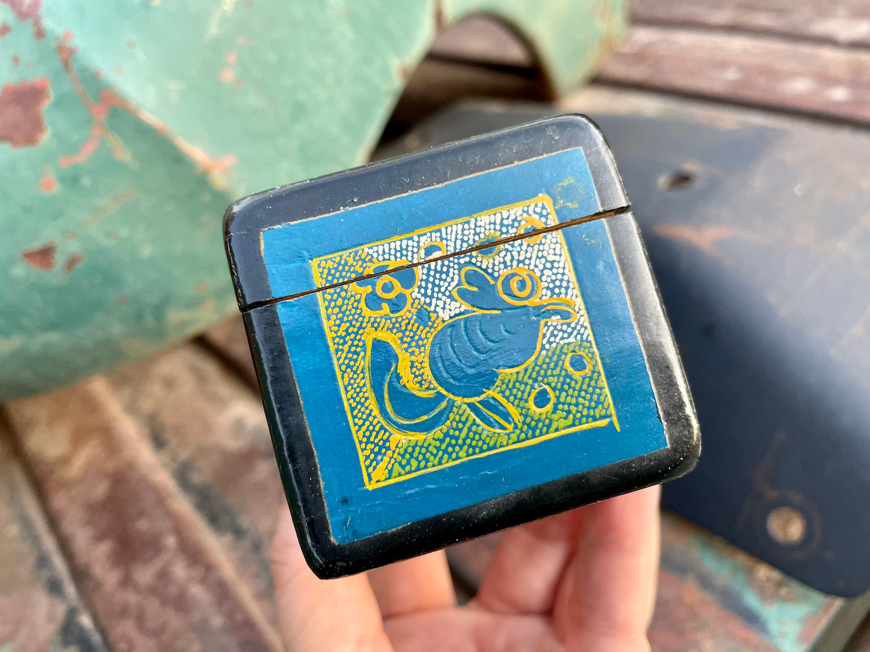 Very Small Vintage Mexican Lacquer Painted Wood Box with Animal Design ...