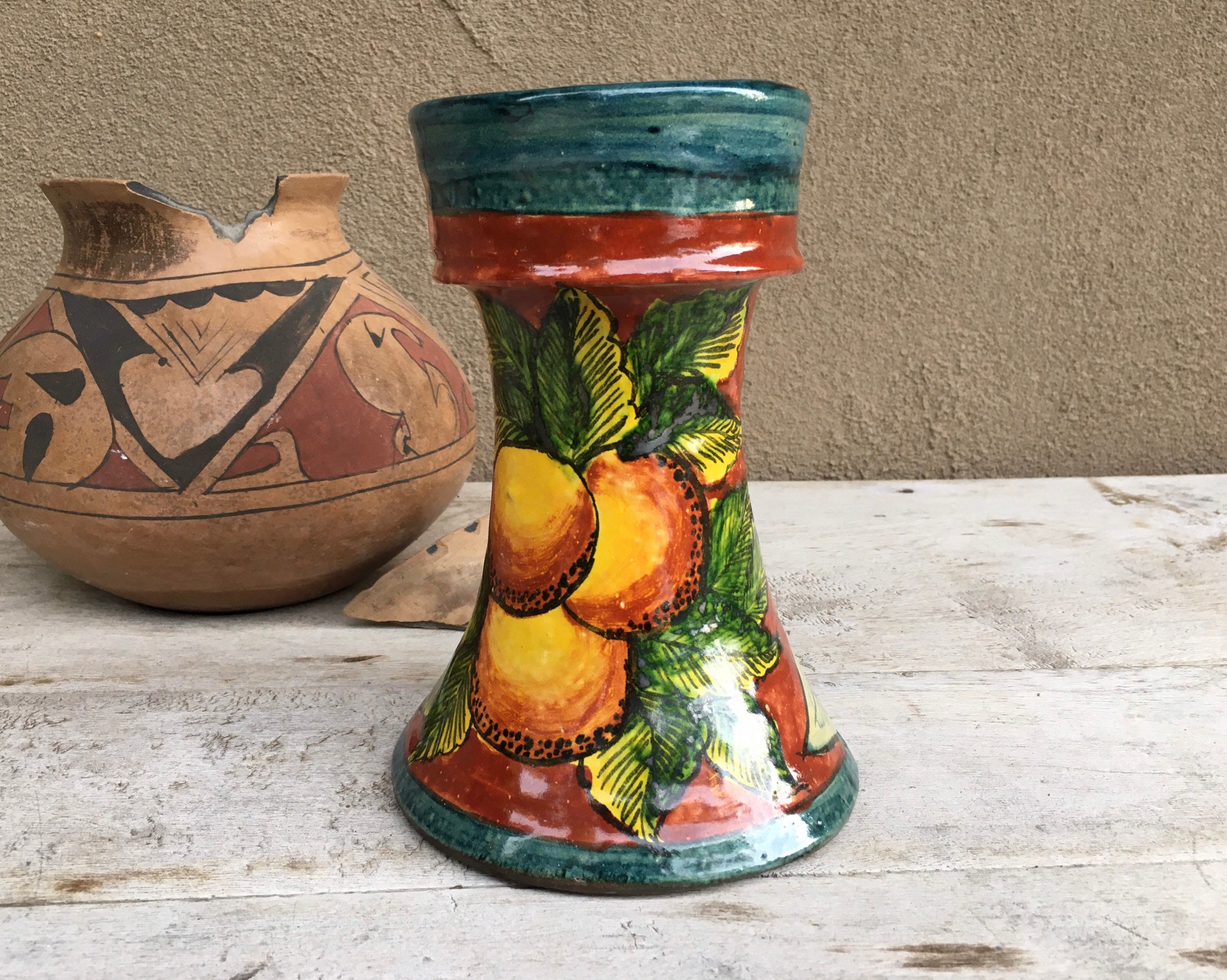 Vintage Mexican Pottery Fruit Design Pillar Candle Holder, Santa Rosa ...