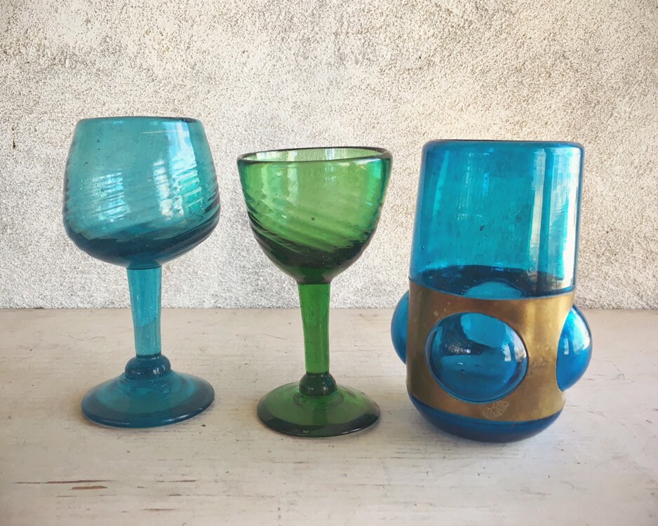 Three Mismatched Hand Blown Mexican Glasses Teal Blue Cordial Green ...