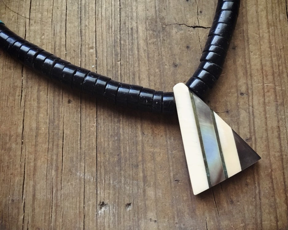 1970s Channel Inlay Bone and Abalone Pendant and Dark Shell Heishi ...
