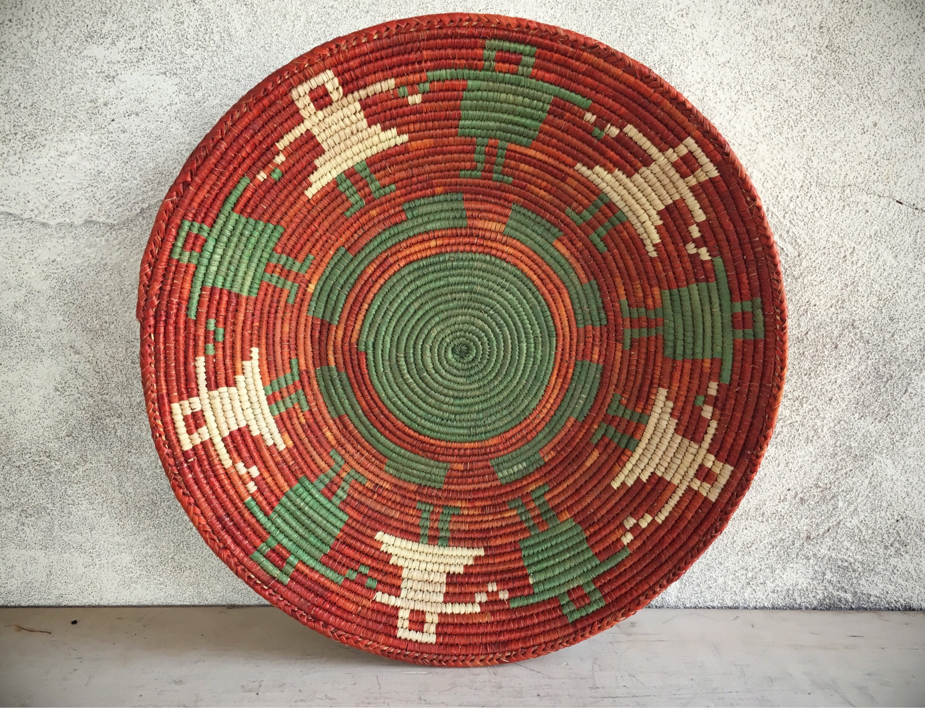 Shallow Woven Basket Rust and Green Bohemian Decor, Southwestern Decor ...