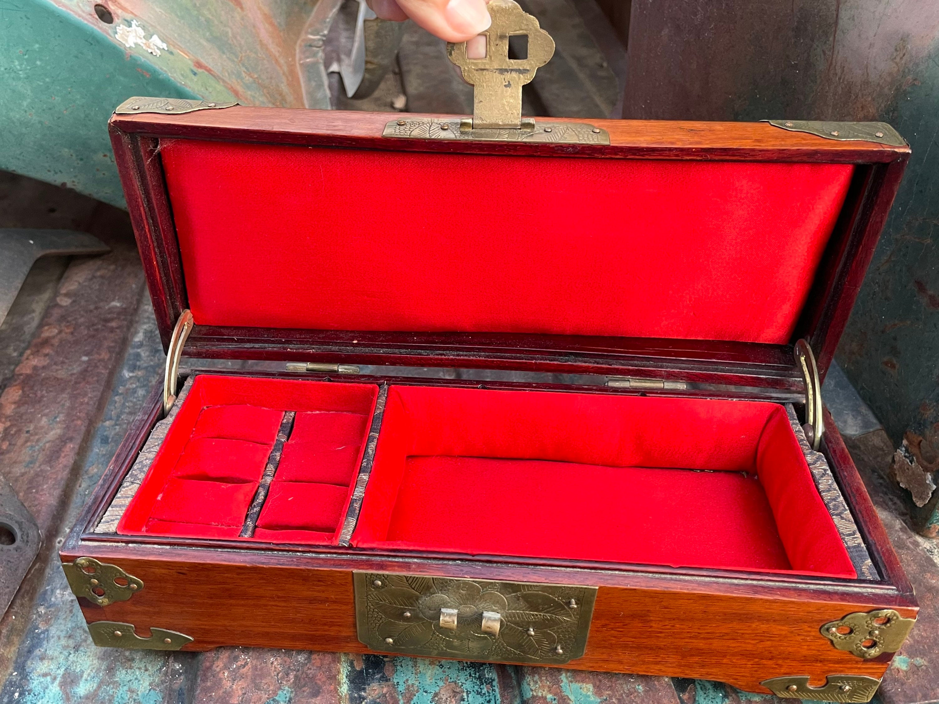 Vintage Chinese Rosewood and Jade Jewelry Box with Red Satin Lining ...