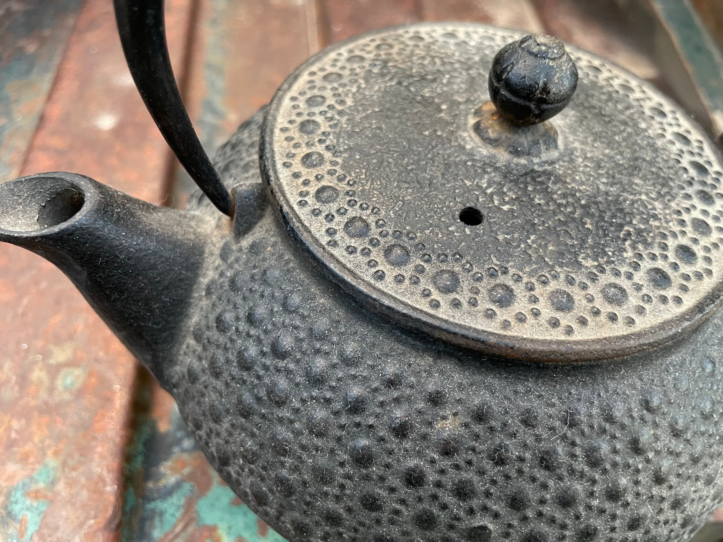 Vintage Black Iron Japanese Teapot Arare Hobnail Pattern, Tetsubin Nanbu Tekki Tea Kettle
