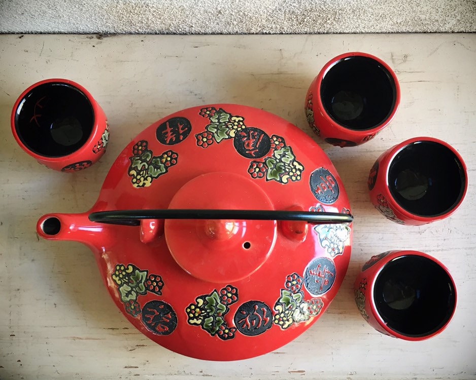 Vintage Red Black Tea Pot Decorative Asia Tea Set, Chinoiserie Decor ...