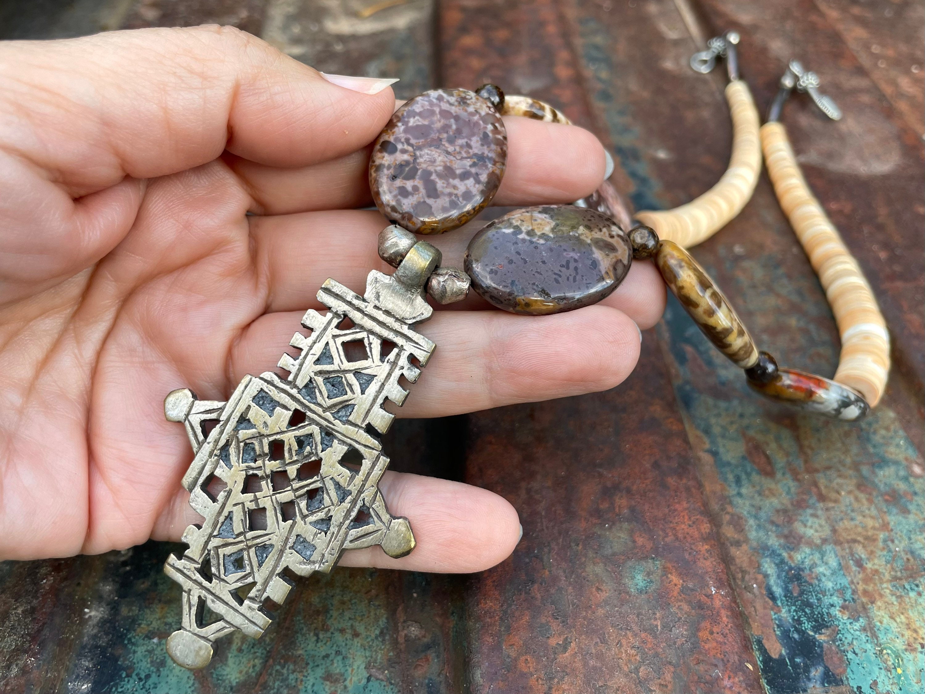 Vintage Ethiopian Coptic Cross Pendant Silver Tone w/ Jasper Beads ...