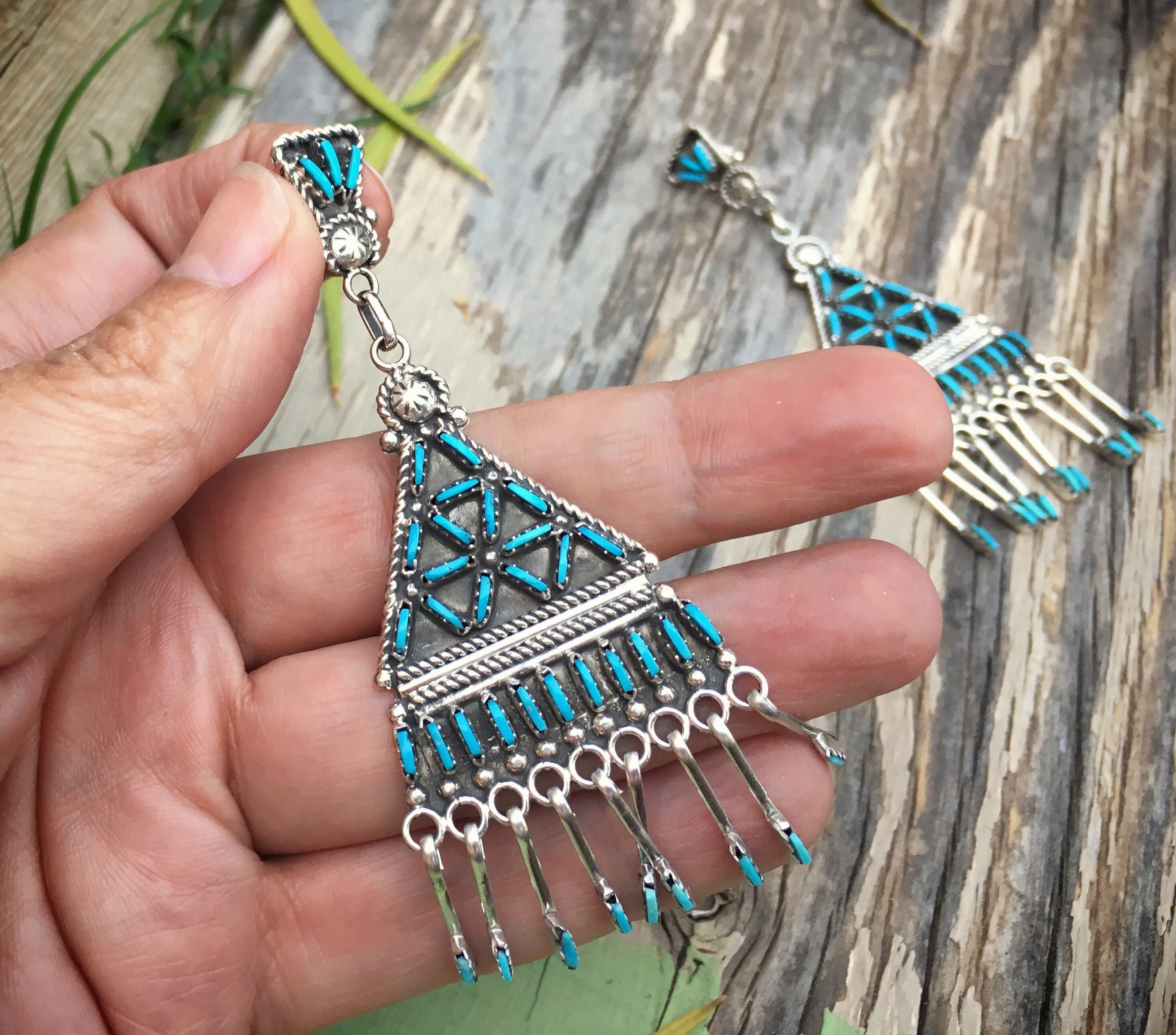 Vintage Zuni Earrings Needlepoint Turquoise Chandelier Earrings Native ...