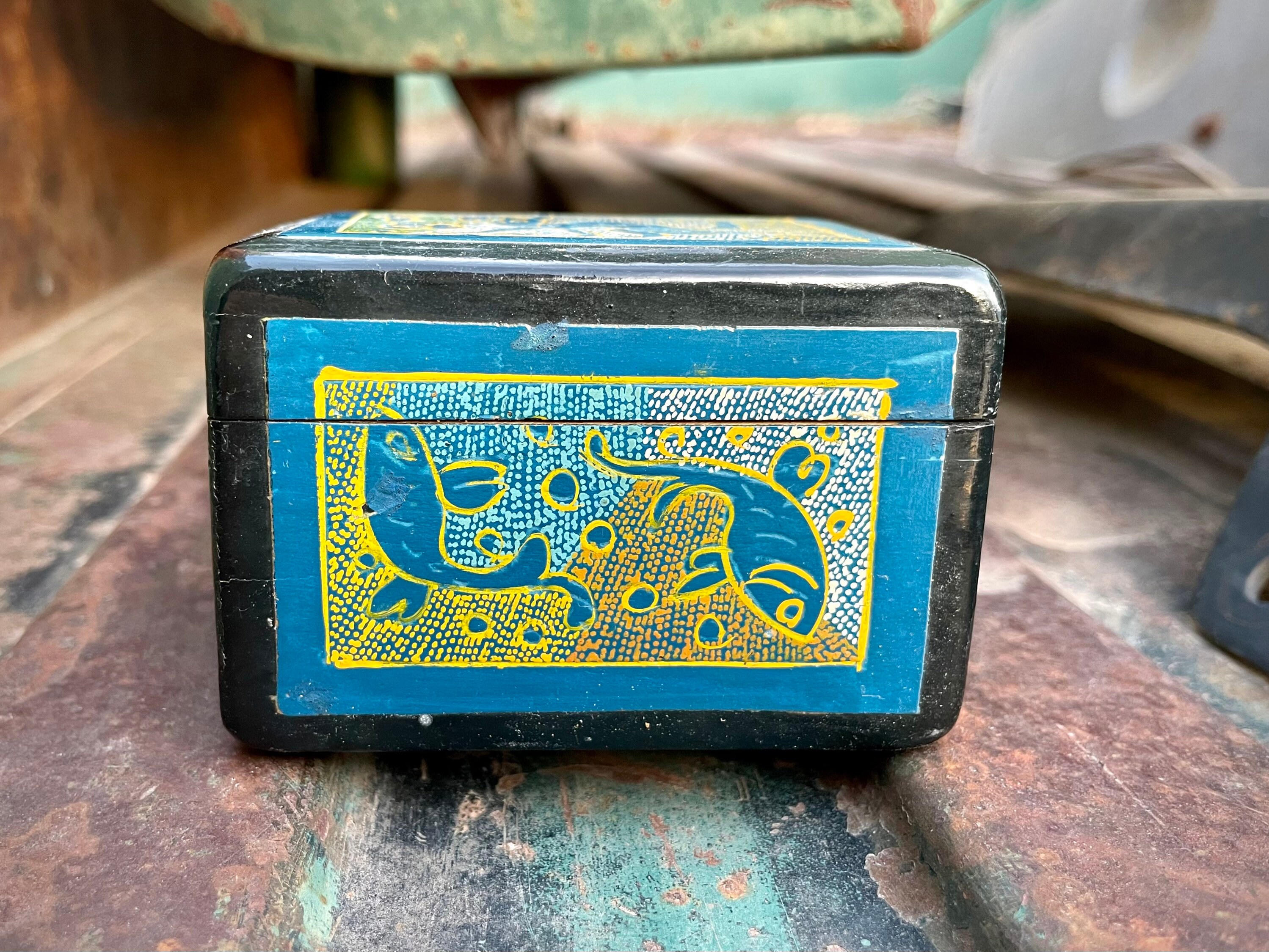 Very Small Vintage Mexican Lacquer Painted Wood Box with Animal Design ...