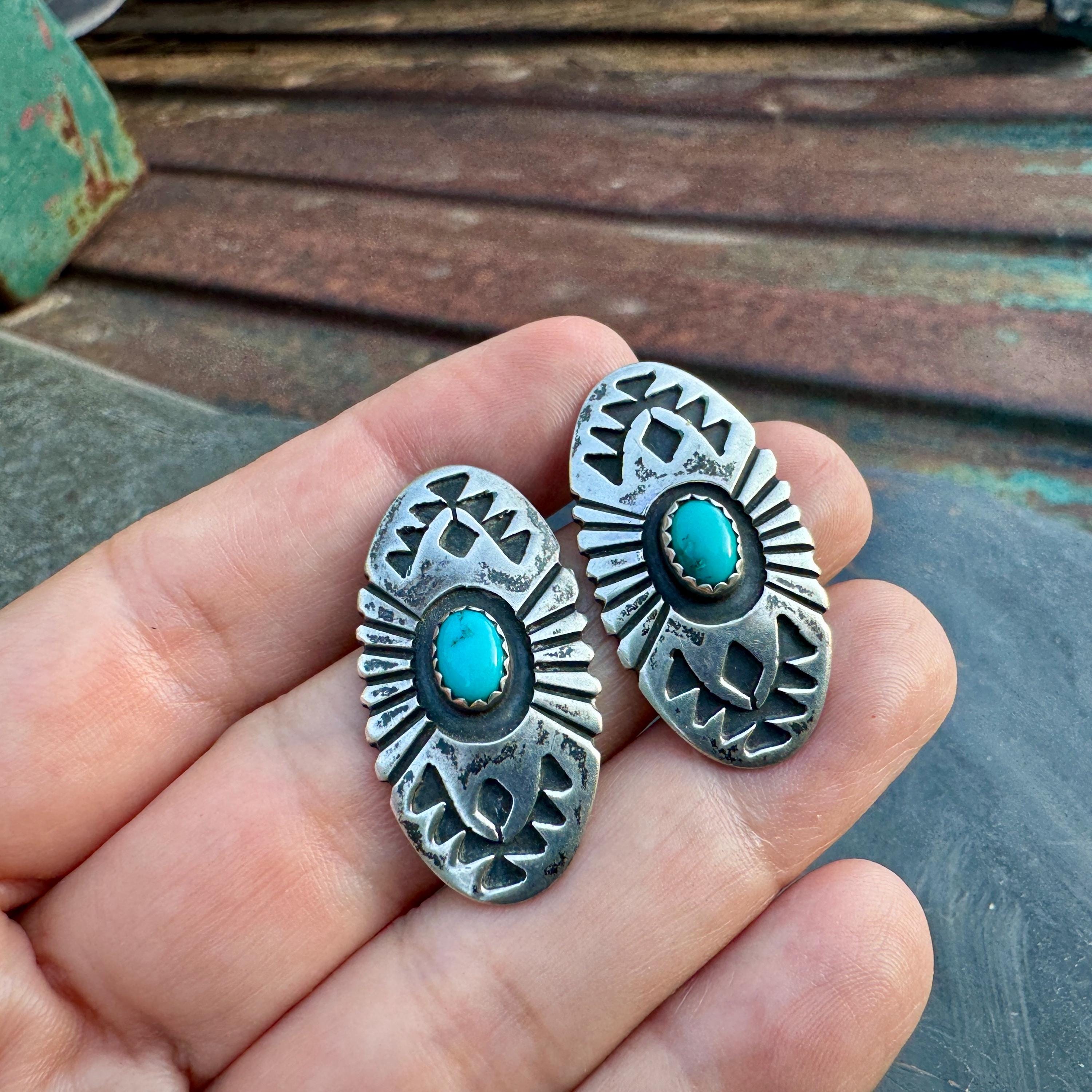Oval Sterling Silver Overlay Turquoise Earrings by Navajo Larry Moses ...