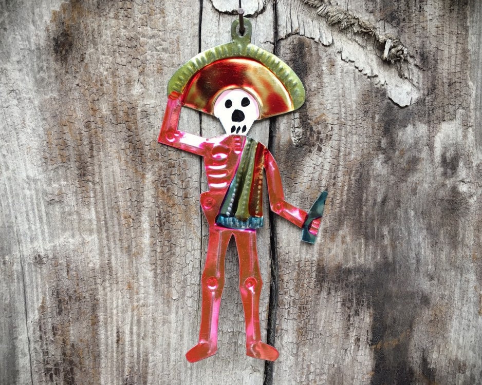 Beer Drinking Calavera Skeleton Tin Ornament from Mexico for Christmas ...