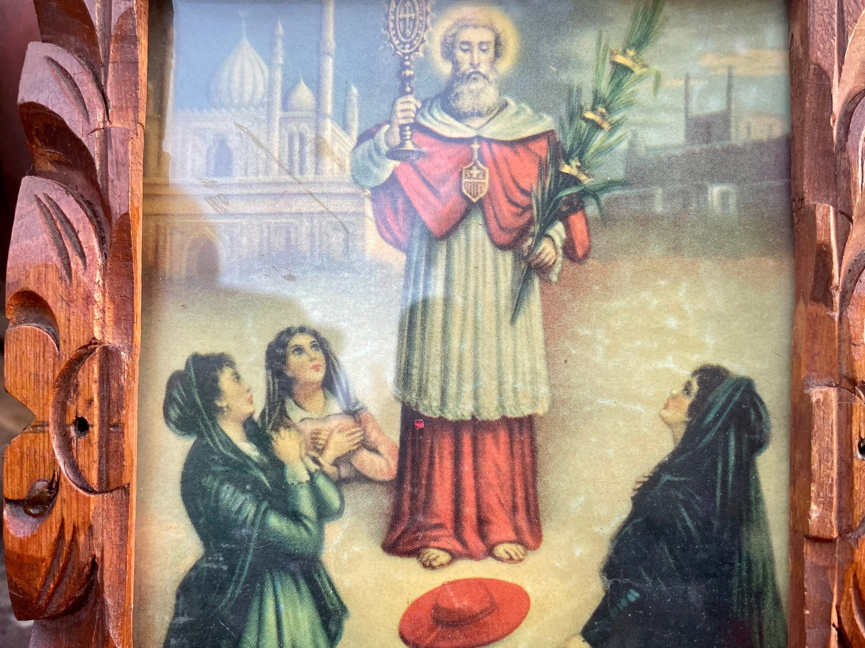 Rare Small Vintage Lithograph San Ramon Nonato in Mexican Wood Carved ...