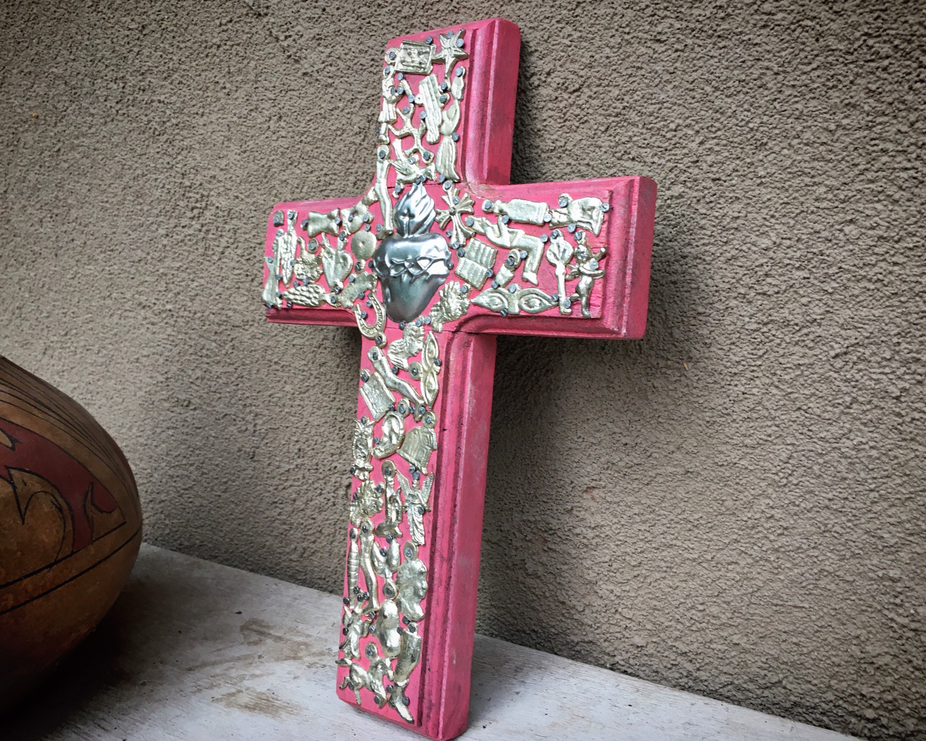 Mexican Milagro Wall Cross with Milagros Amulets, Lucky Charms, Miracle ...