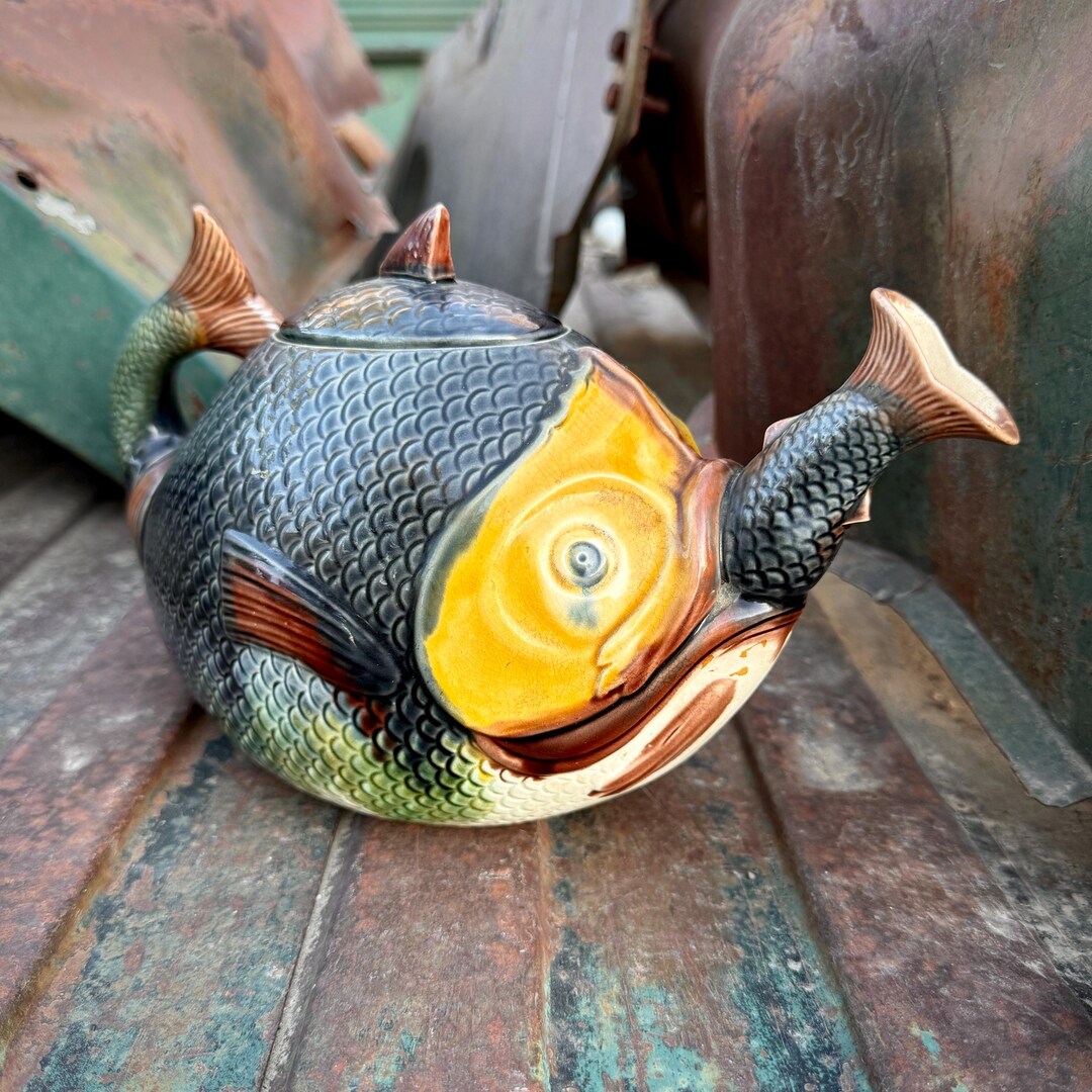 Antique Majolica Pottery "fish Swallowing Fish" Teapot, Whimsical ...