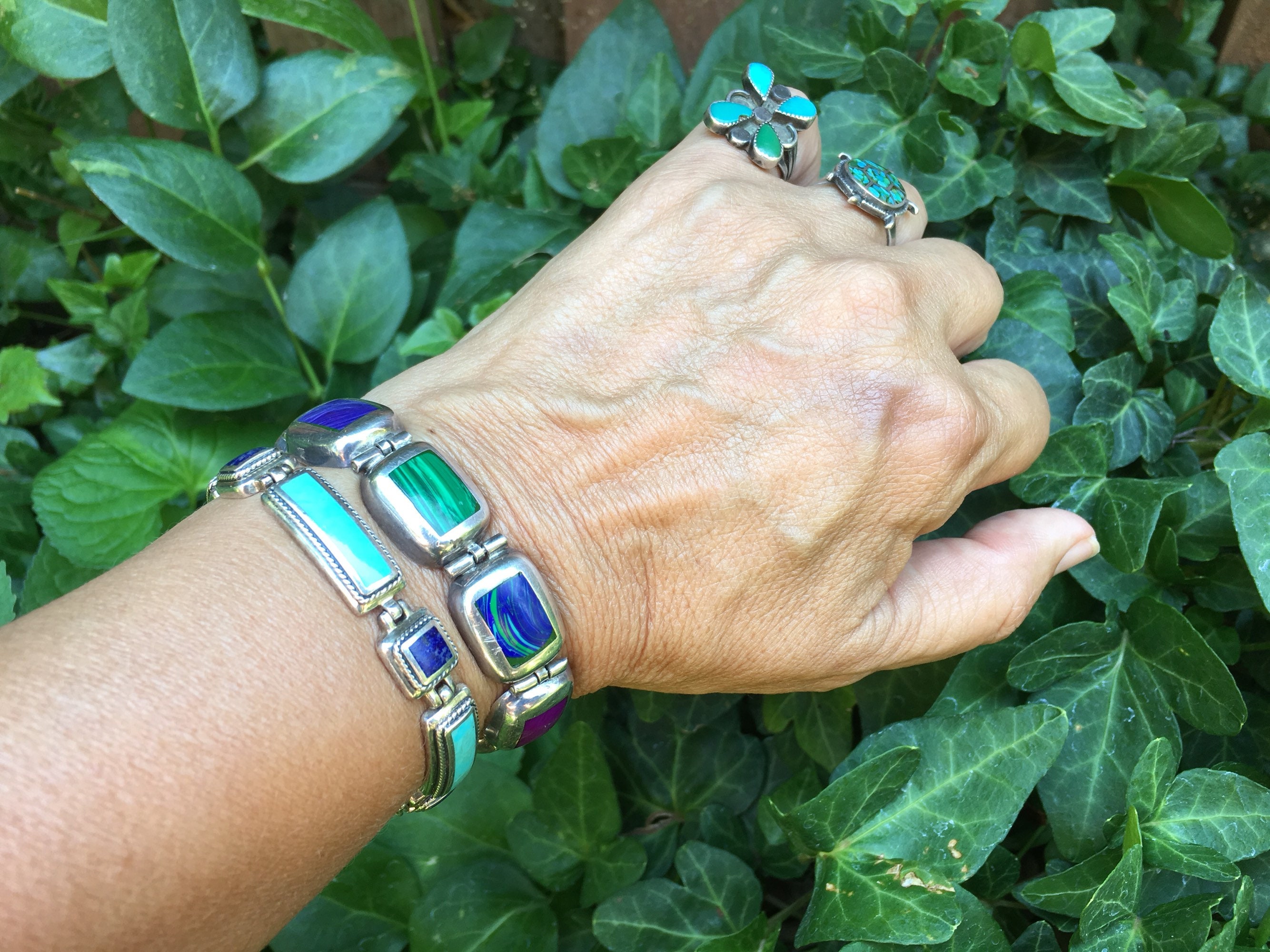 Vintage Turquoise Lapis Lazuli Panel Link Bracelet, Sterling Silver ...