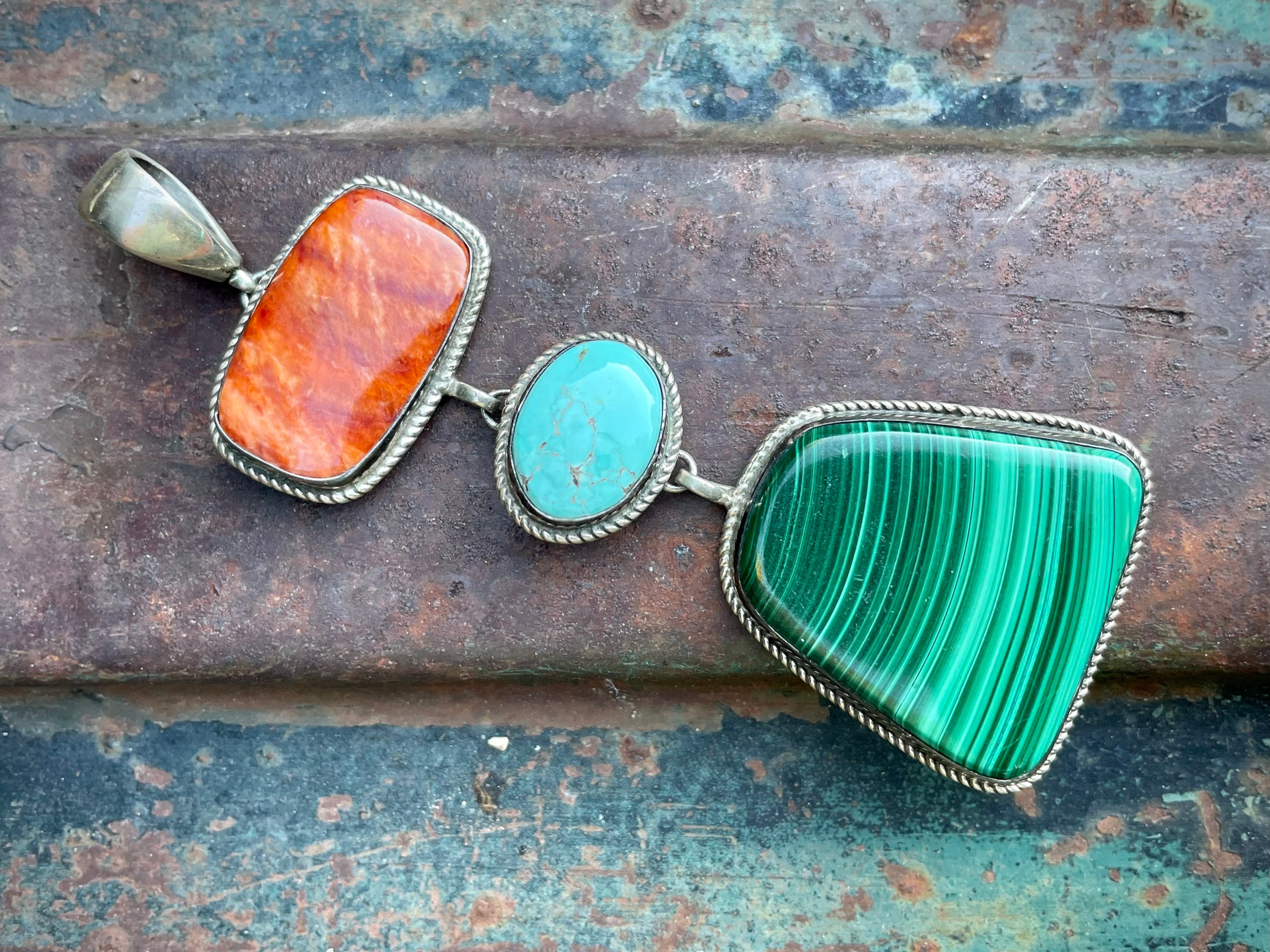 Vintage Long Orange Spiny Oyster Turquoise Malachite Sterling Silver ...