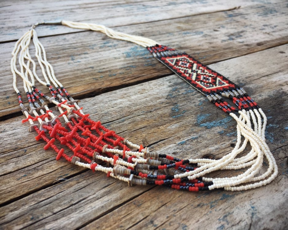 Vintage Seed Bead Necklace for Women, Red Black White Navajo Rug ...