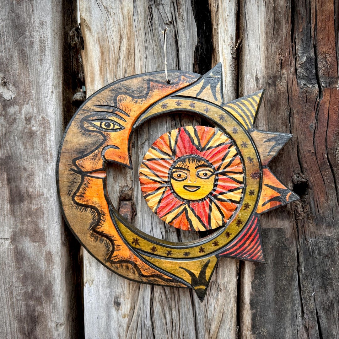 Vintage Painted Wooden Sun and Moon Wall Hanging Approx 11" Dia ...