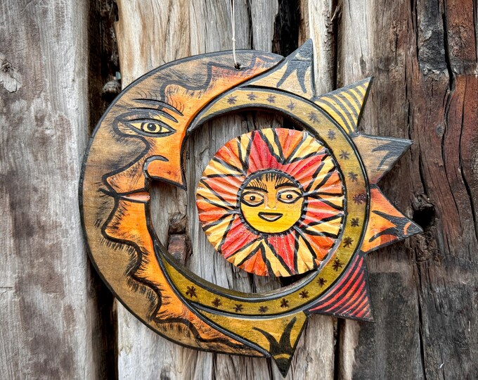 Vintage Painted Wooden Sun and Moon Wall Hanging Approx 11" Dia ...