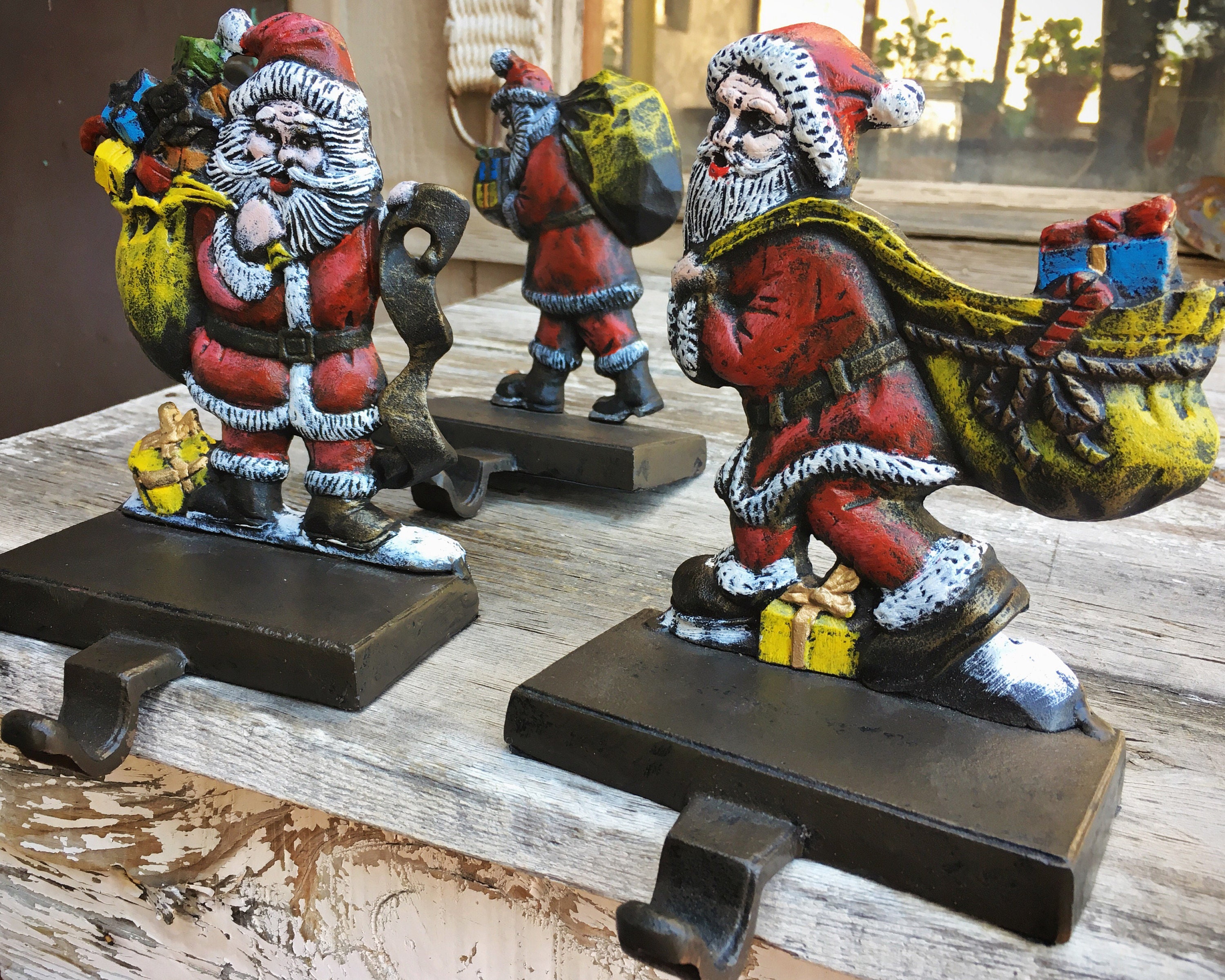 Three Cast Iron Santa Claus Stocking Holders for Mantle, Vintage ...