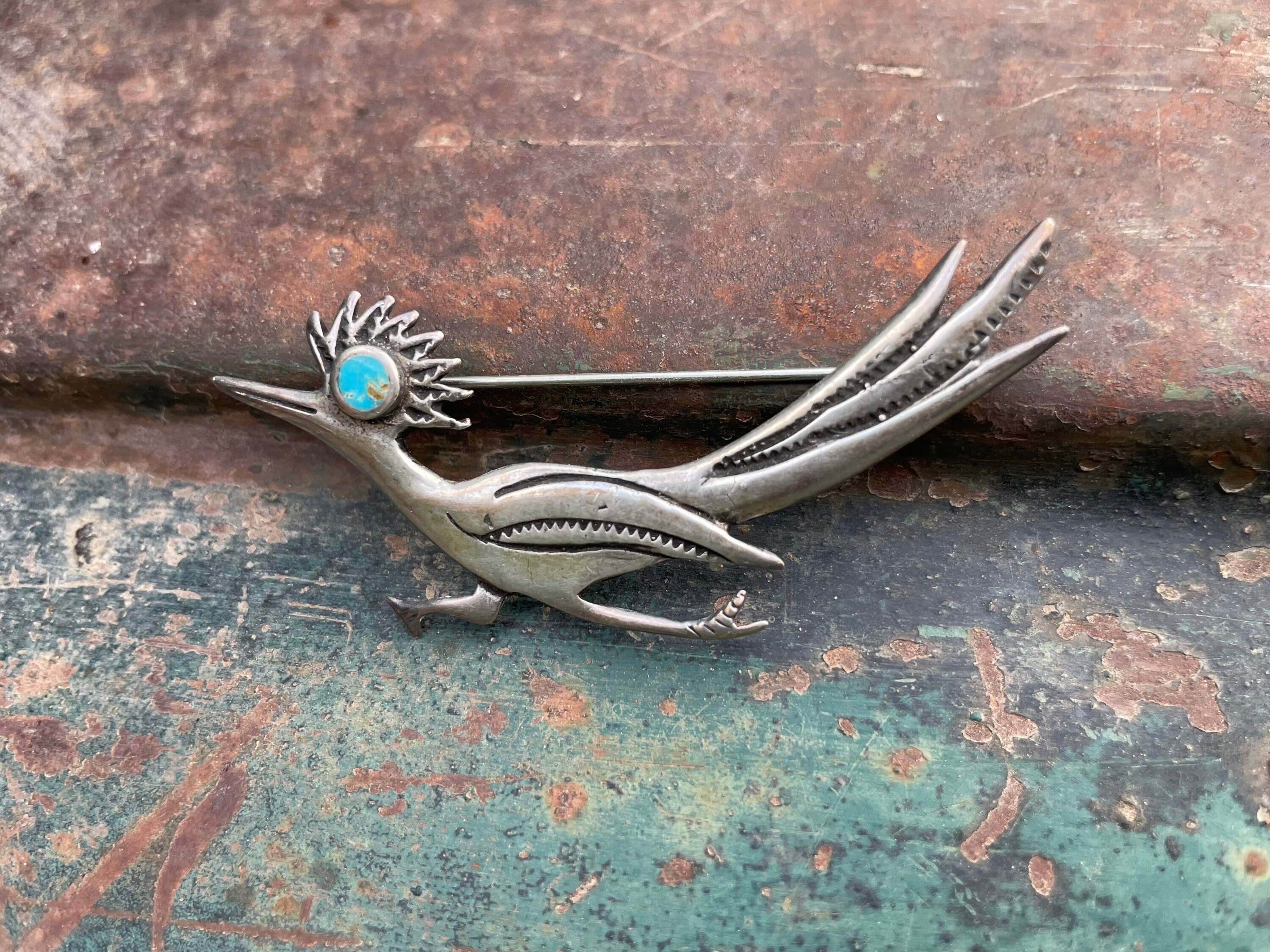 Vintage Fred Harvey Era Turquoise Silver Roadrunner Brooch Pin ...