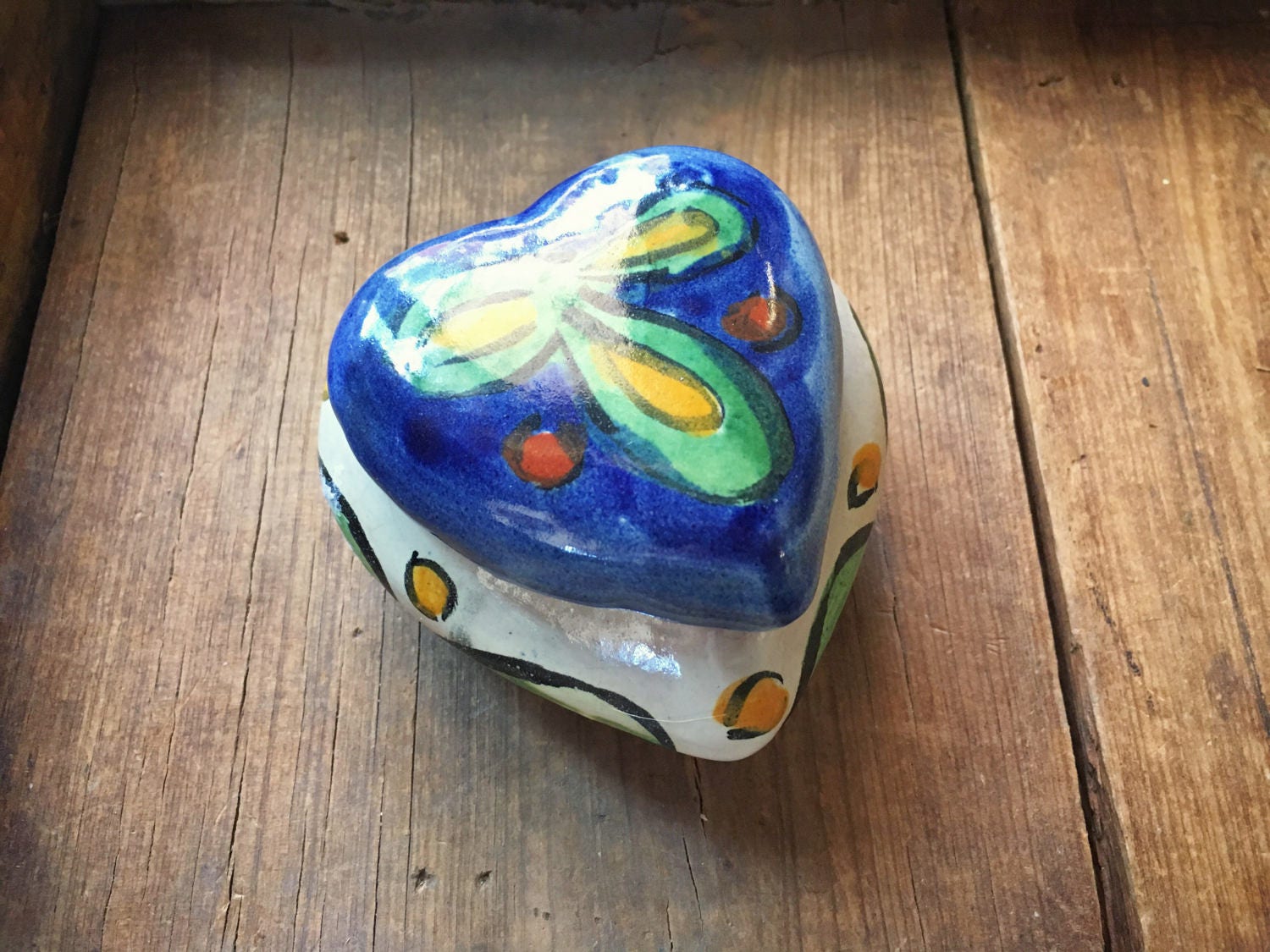 Talavera Pottery Heart Vintage Trinket Box Mexican Pottery Jewelry Box