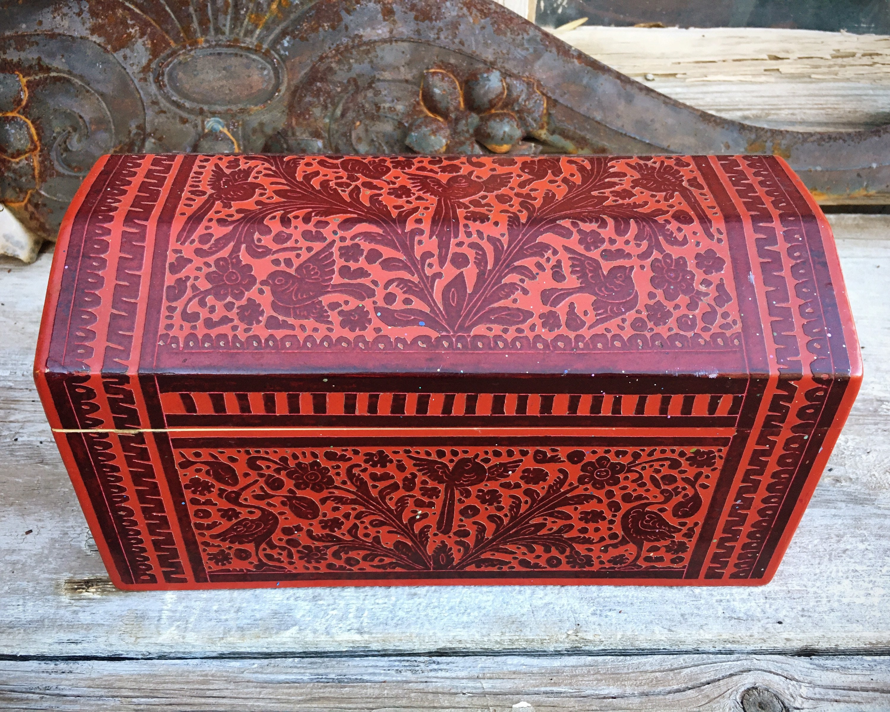 Vintage Mexican Red Lacquer Painted Wood Box with Flowers and Birds ...