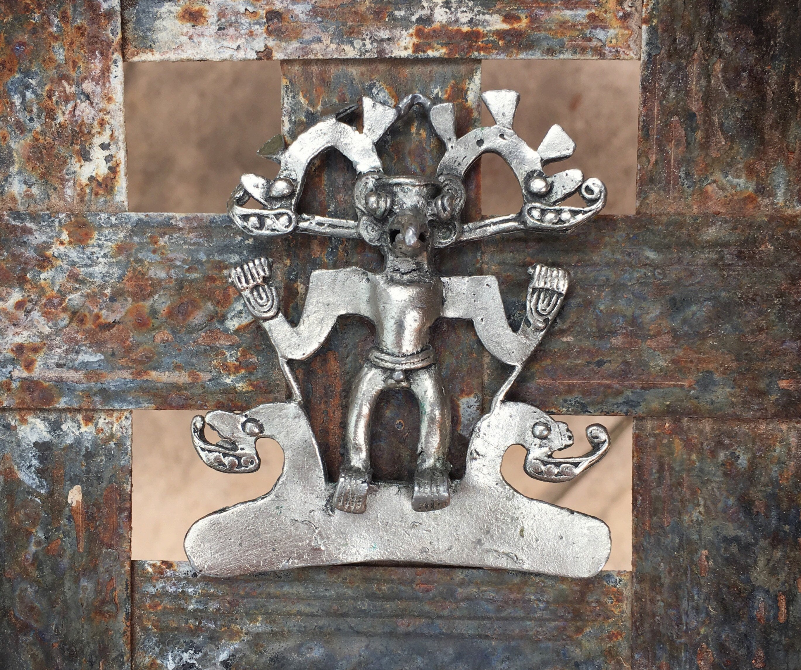 Large 1980s Silver Tone Pendant Aztec Warrior Costume Statement Jewelry ...