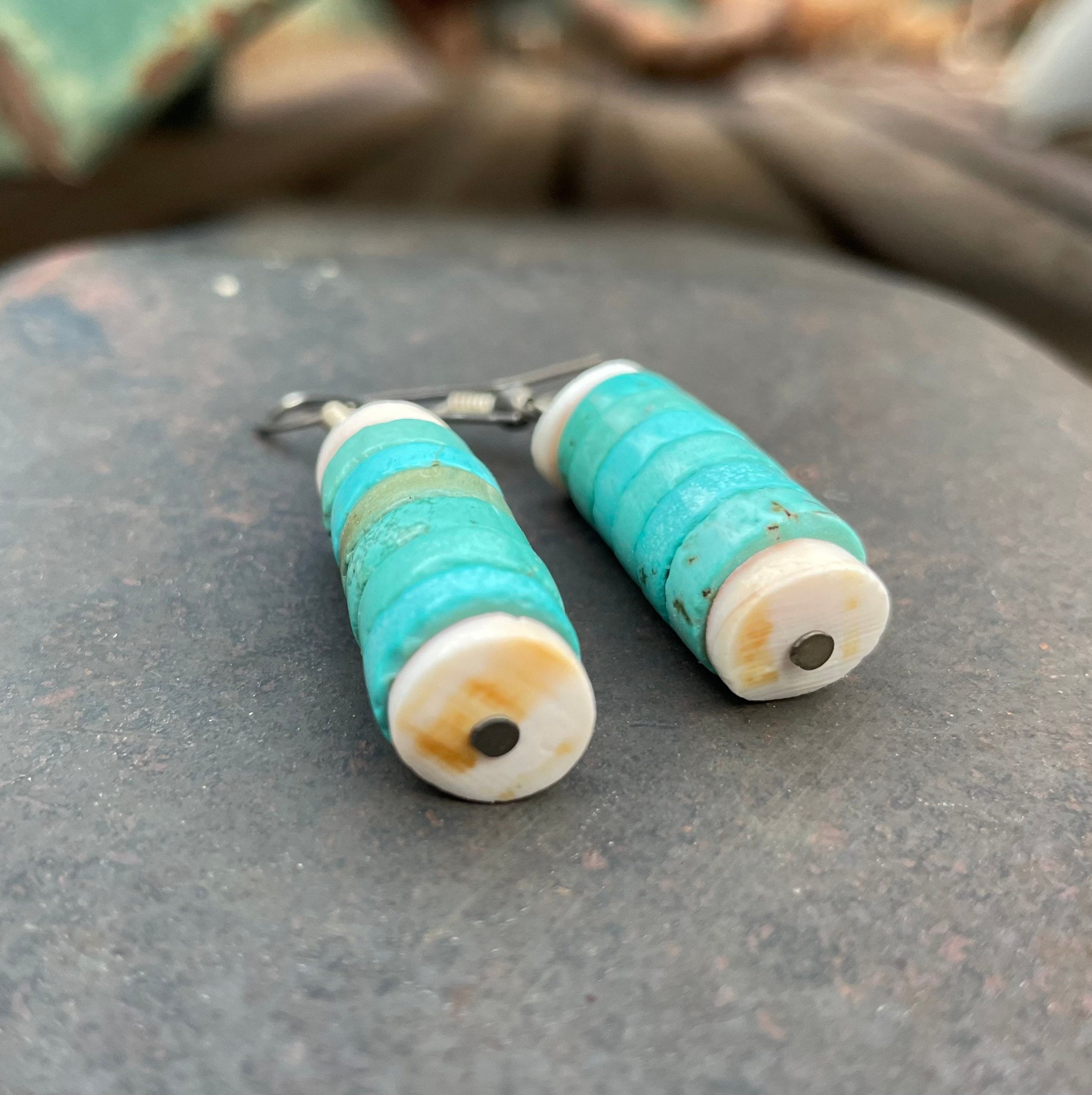 Vintage Stacked Turquoise White Shell Disc Heishi Earrings, Santo ...