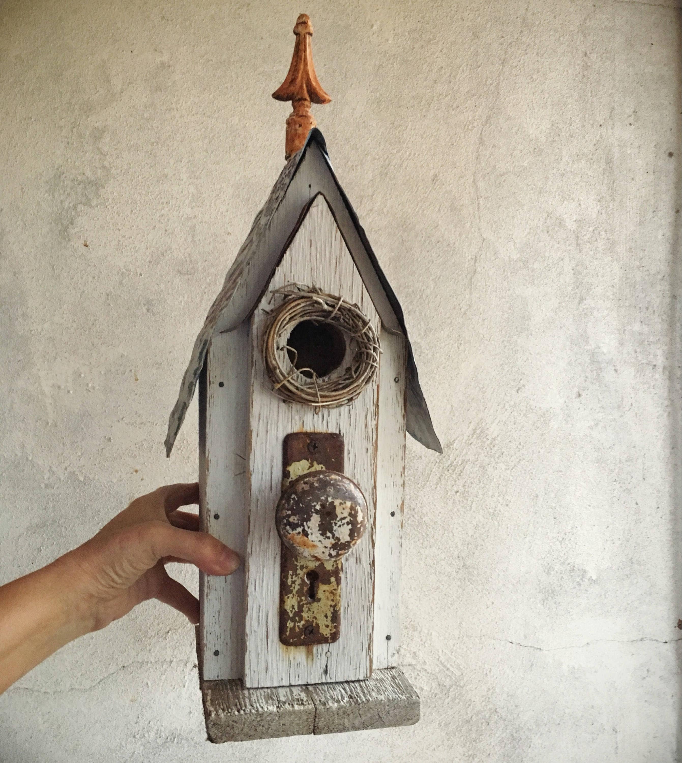 Rustic Birdhouse Wood with Metal Finial Steeple, Cottage Decor Spring ...