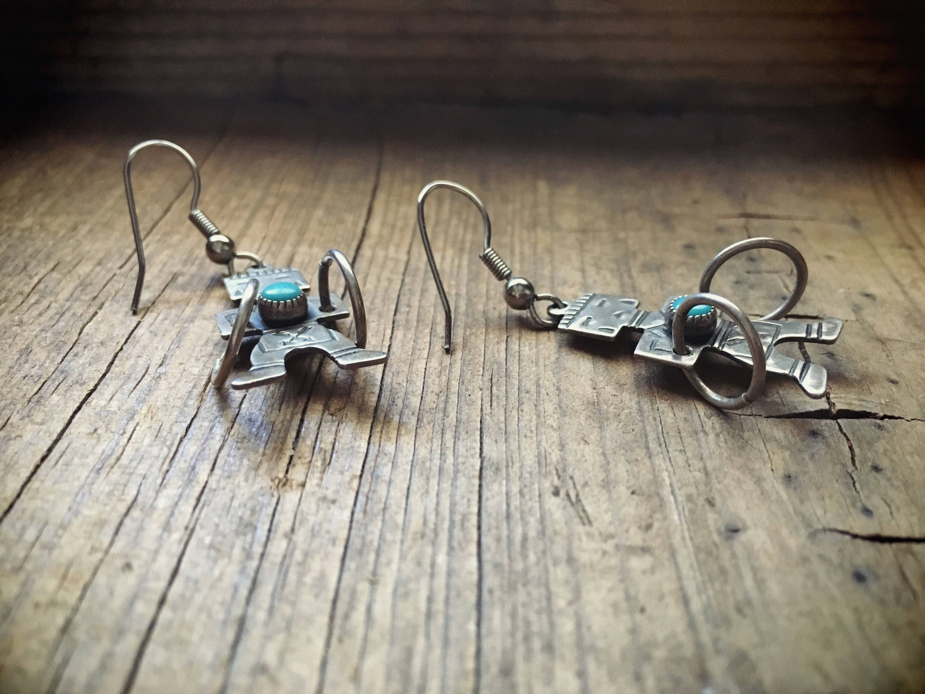 Fred Harvey Era Silver Turquoise Earrings Yei Symbol, Kachina Jewelry ...