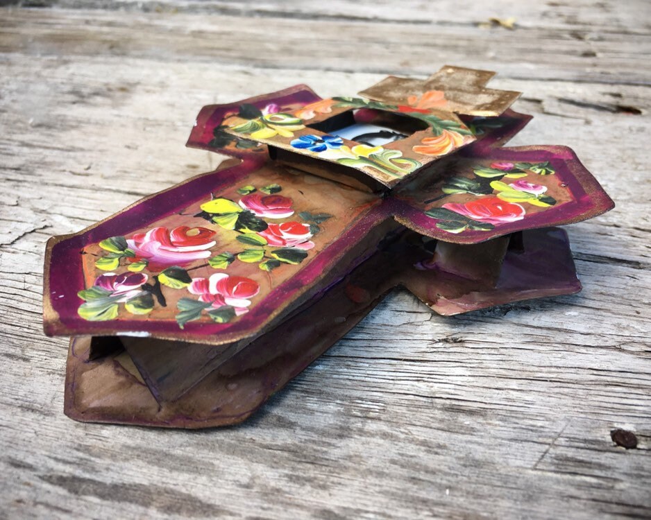 Painted Mexican Tin Cross Shrine Wall Hanging for Small Portrait or ...