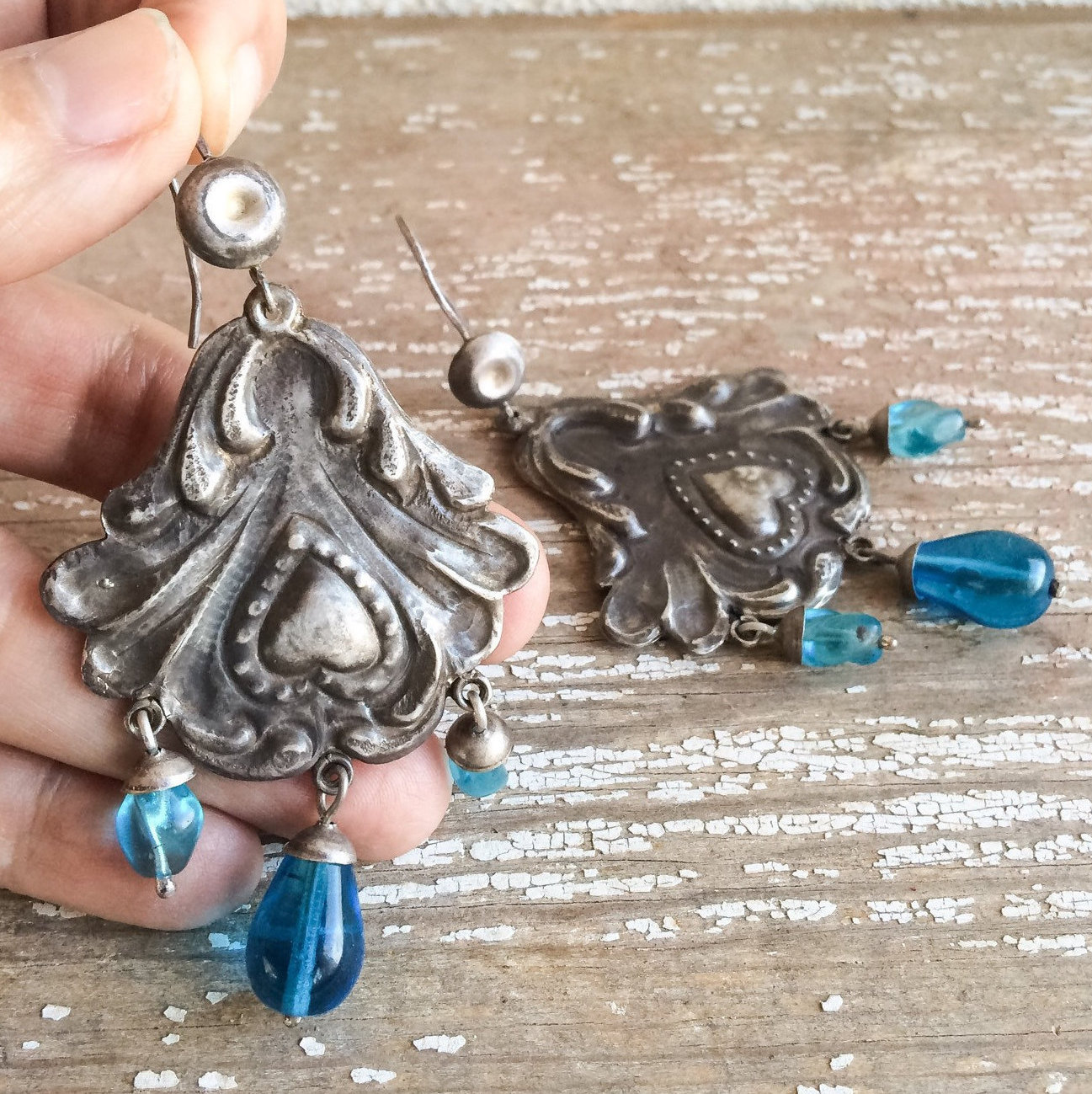 Large vintage Ecuador coin silver earrings with blue glass beads ...