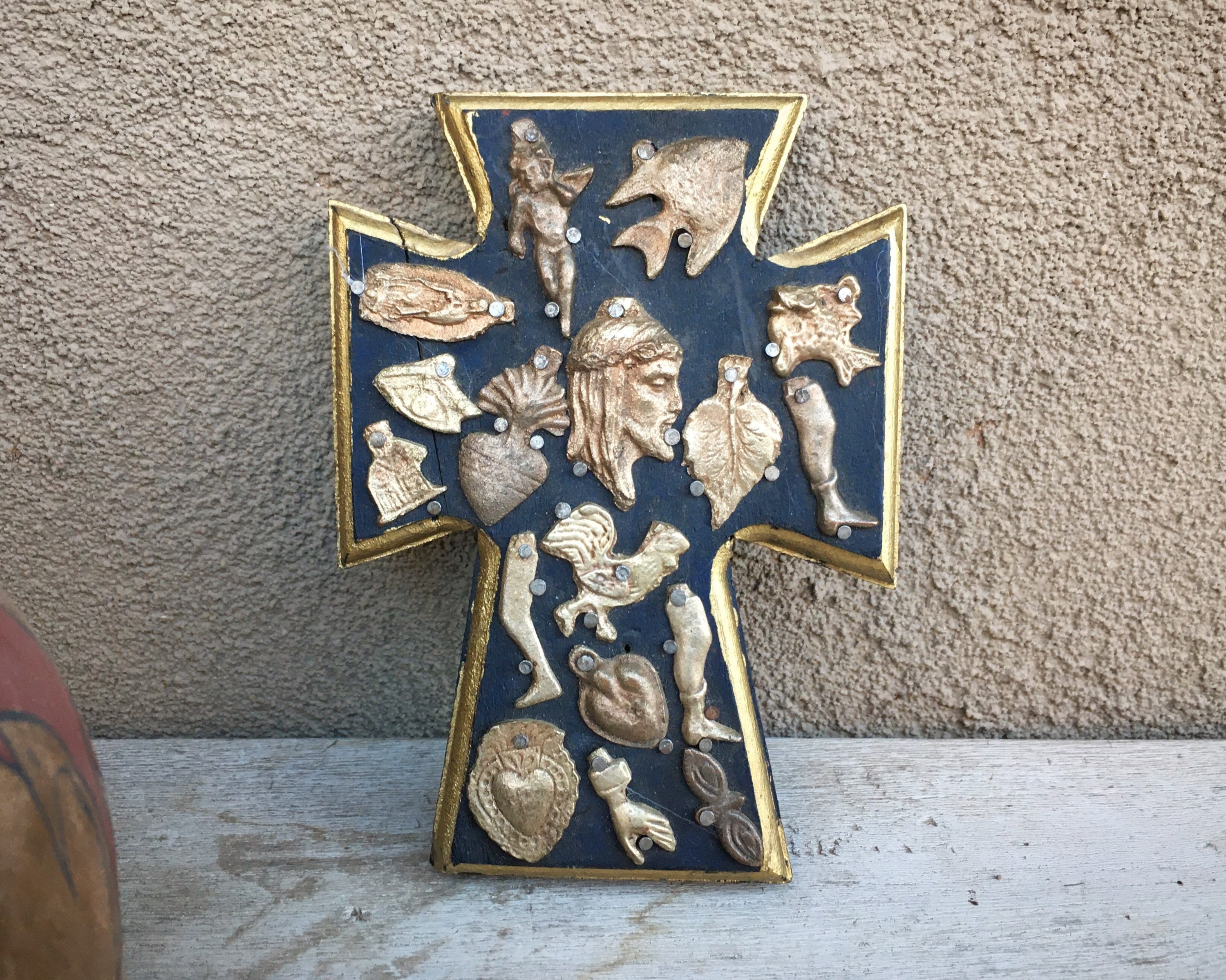 Small Mexican Milagro Wall Cross with Milagros Amulets, Lucky Charm ...