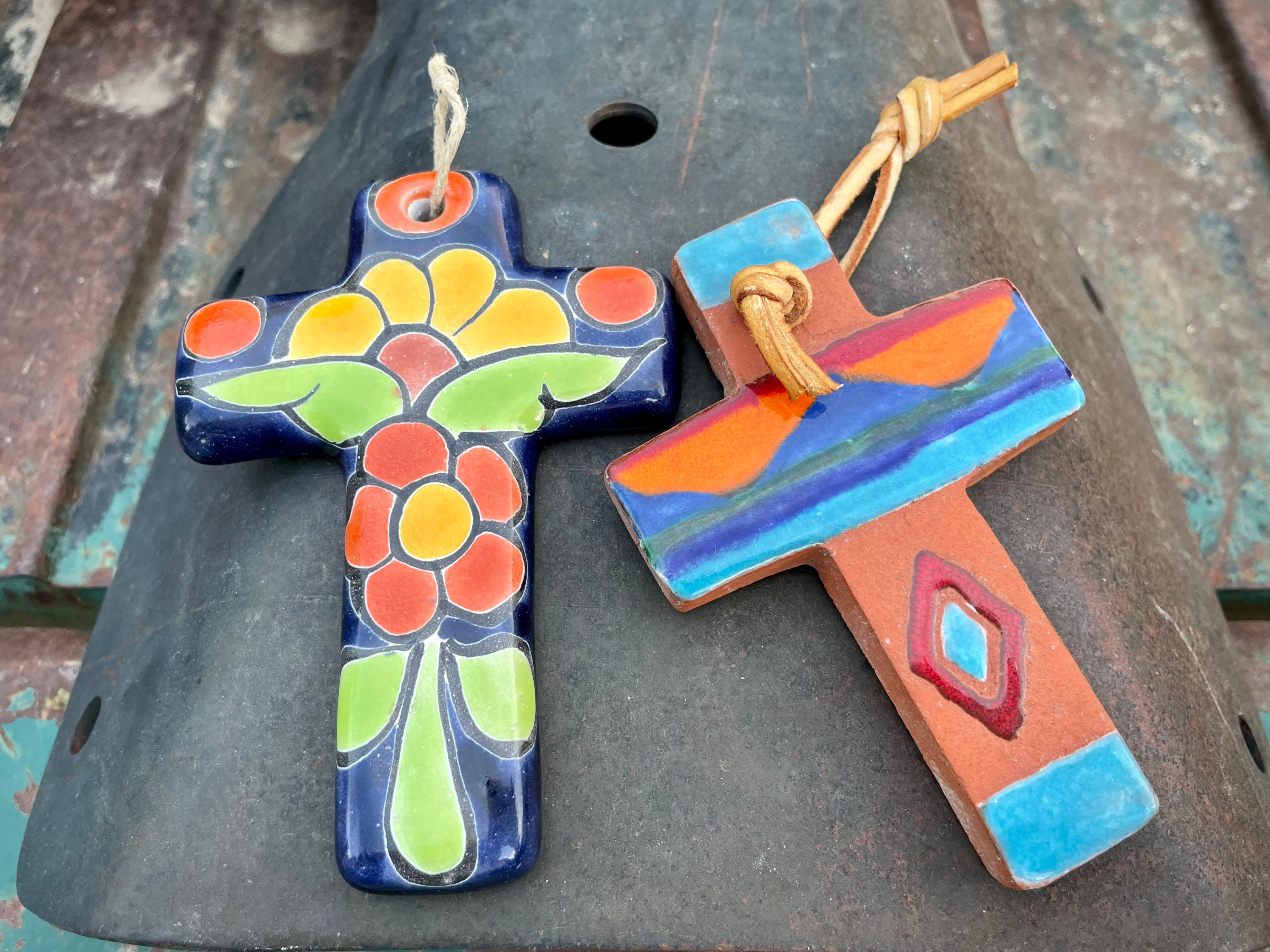 Two Vintage Small Ceramic Crosses from Mexico Wall Hangings, Folk Art ...