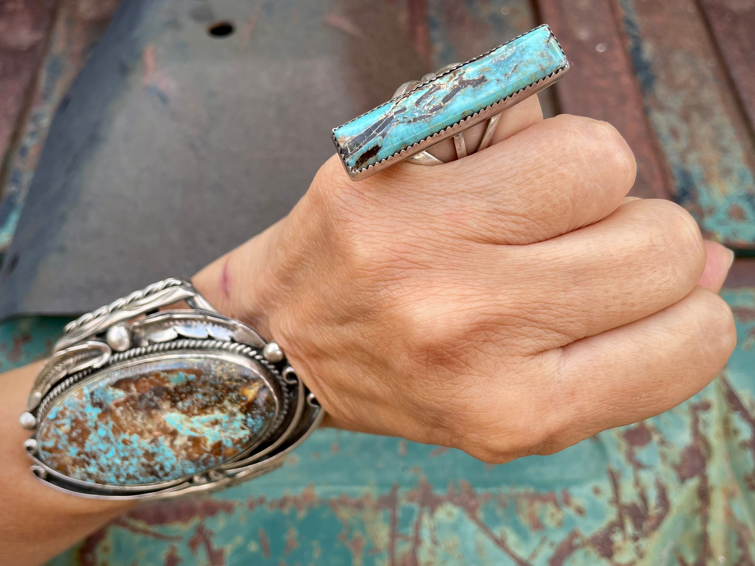 Vintage Stormy Mountain Turquoise Ring Size 6.25 Long Rectangle Shape ...