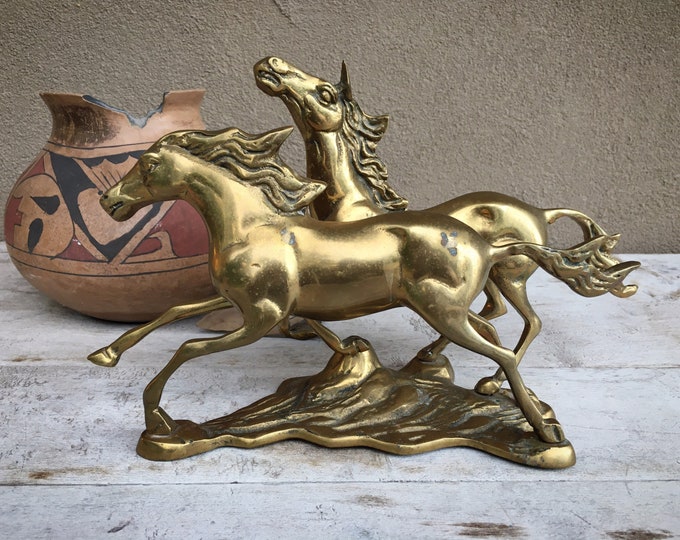 Large Vintage Brass Two Wild Horses Running Statue, Equine Shelf ...