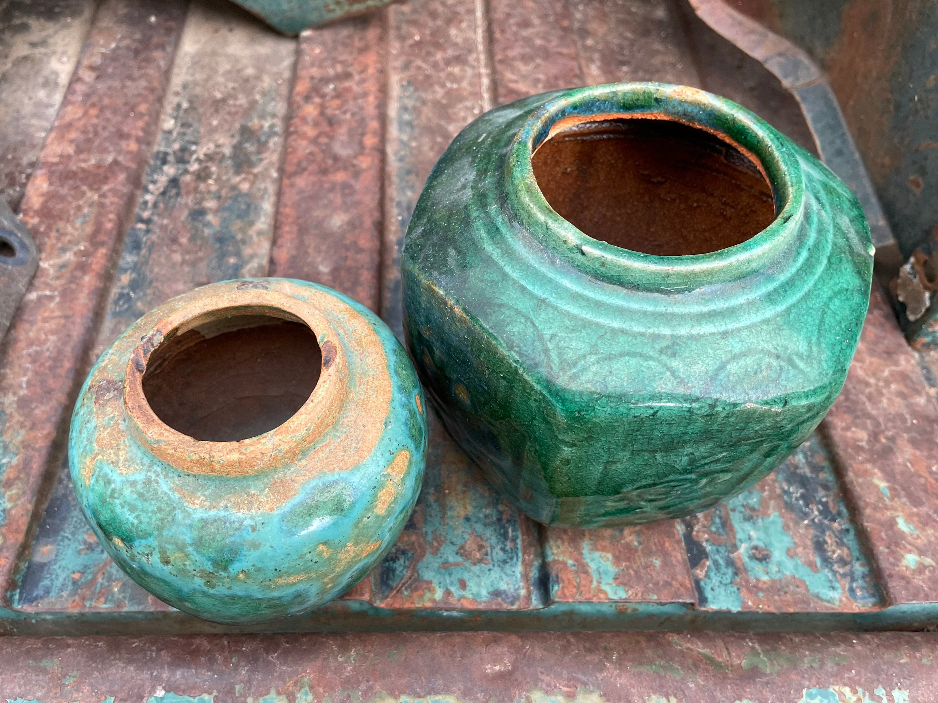 Pair of Vintage Chinese Shiwan Pottery Green Glazed Ginger Jars Celadon ...