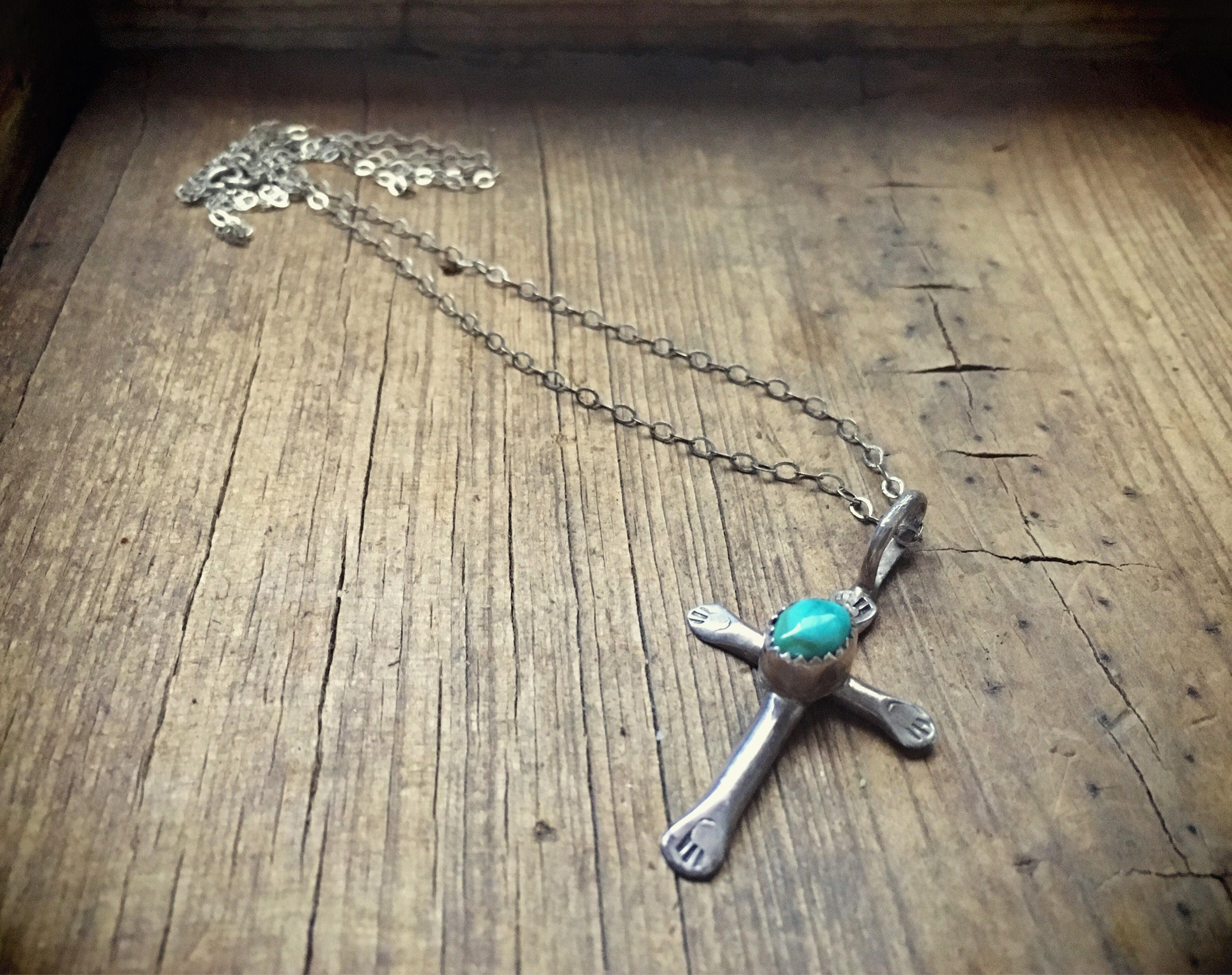 Vintage silver turquoise cross pendant Southwestern jewelry Catholic gift