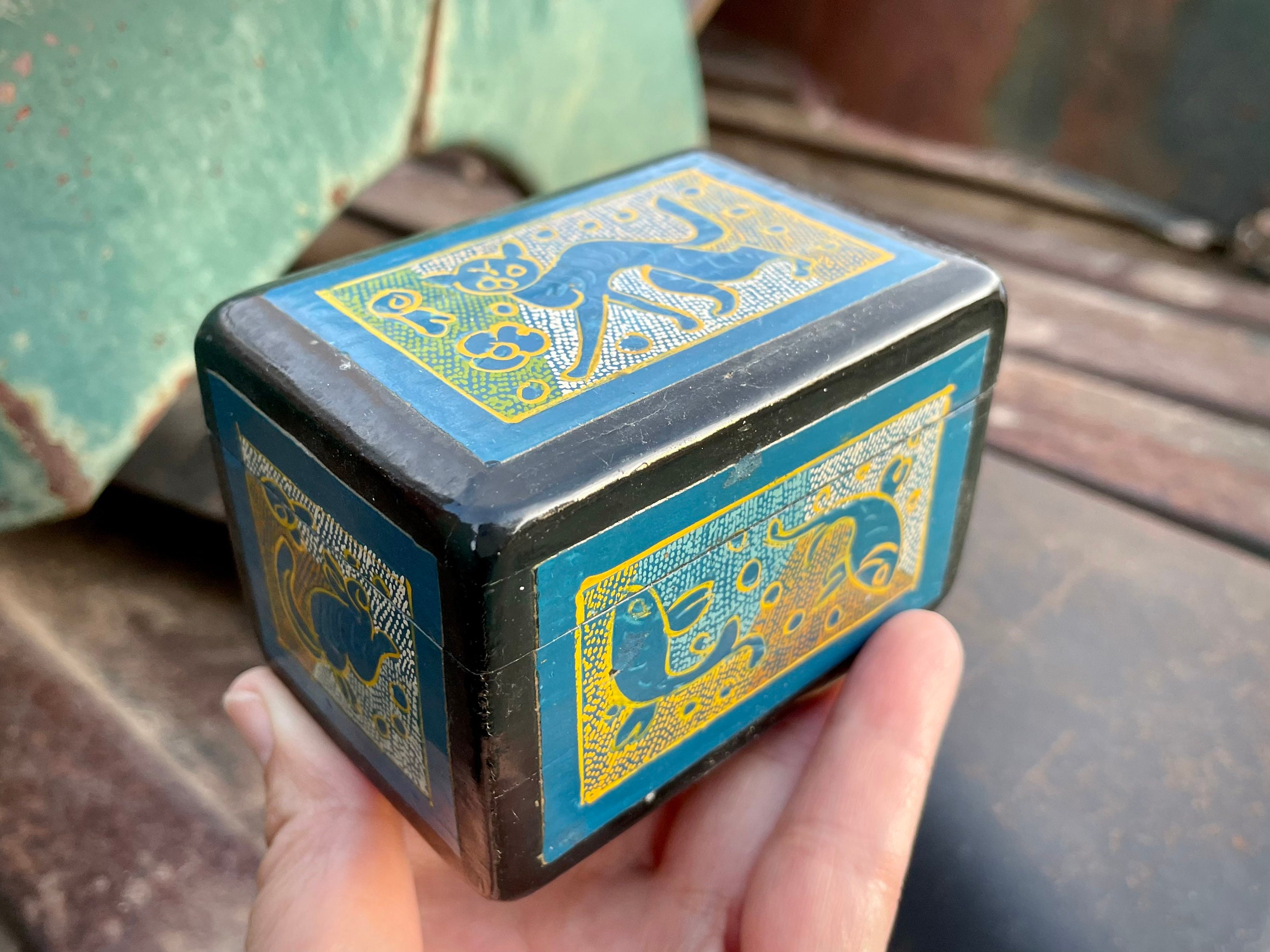 Very Small Vintage Mexican Lacquer Painted Wood Box with Animal Design ...