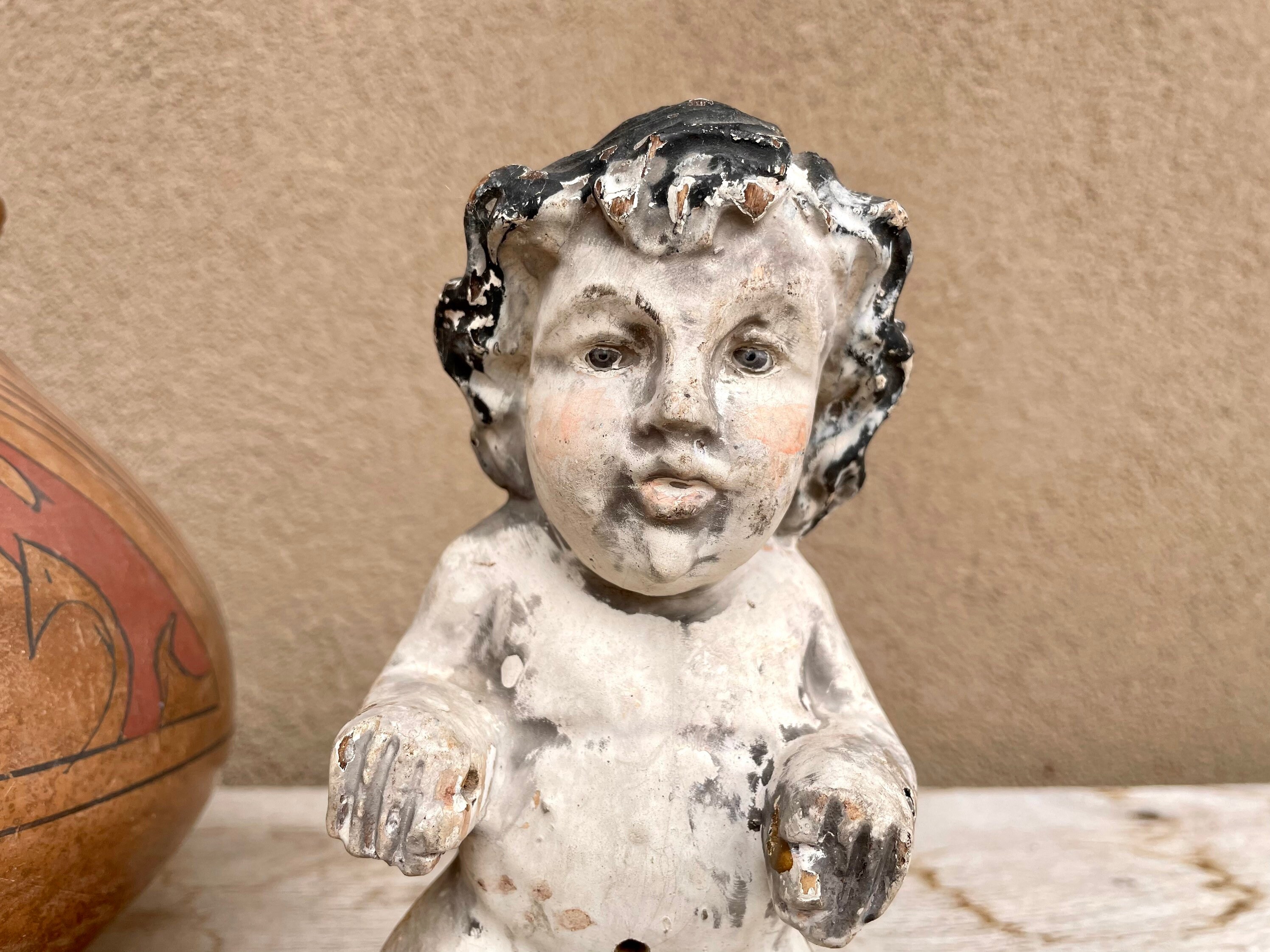 Vintage Salvaged Wood Angel with Glass Eyes, Distressed Chippy Paint ...