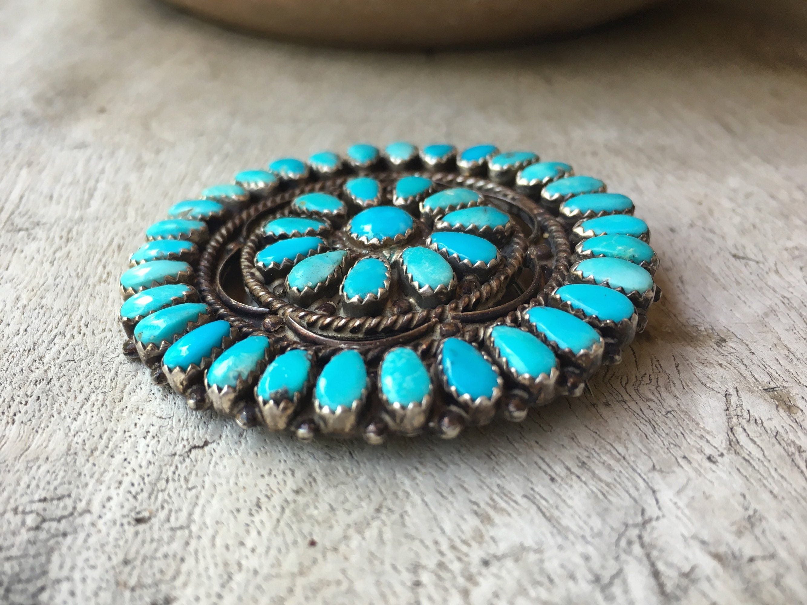 Large Vintage Petit Point Turquoise Cluster Pendant Brooch, Native ...