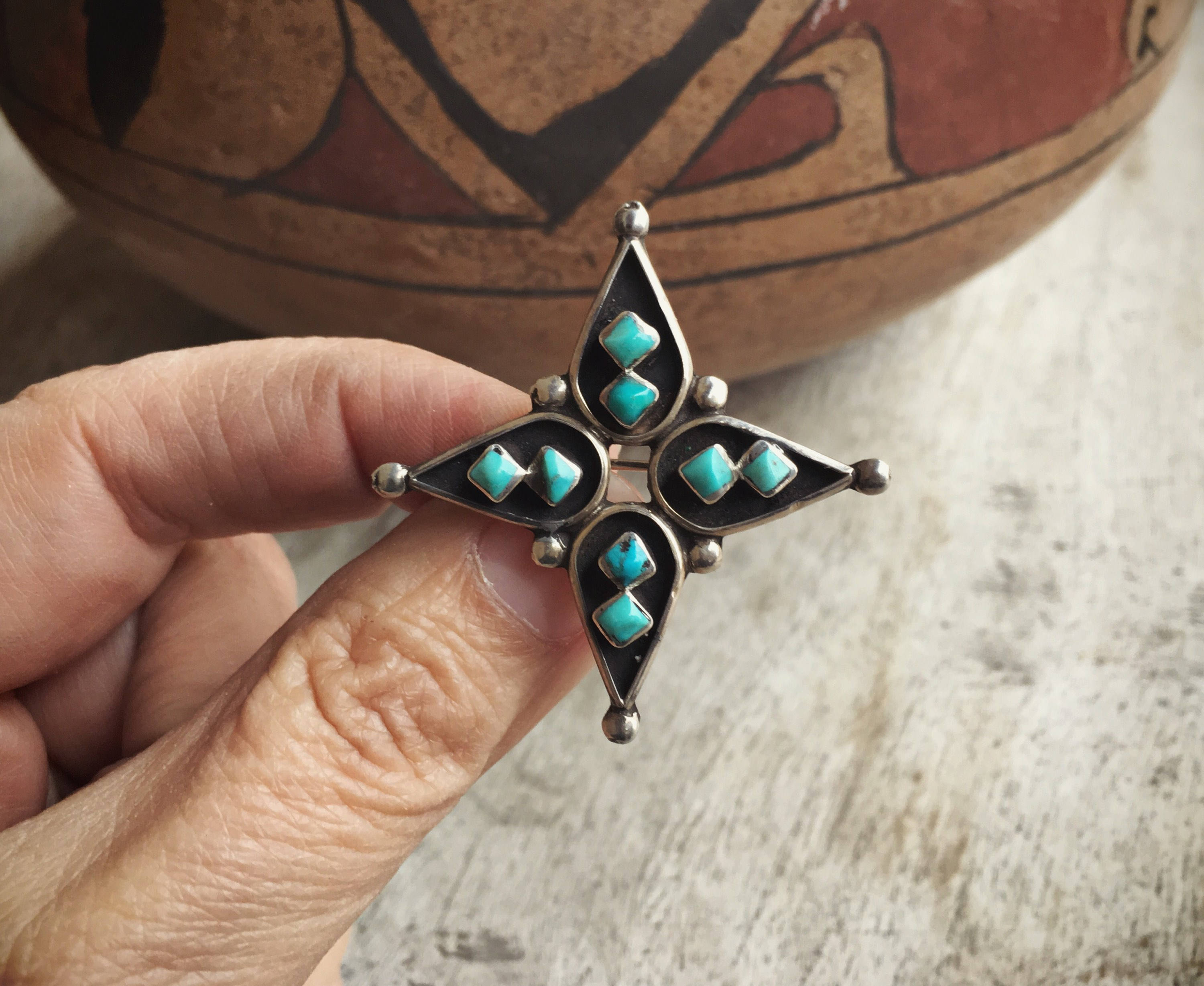 Silver Turquoise Cross Star Brooch, Old Pawn Native American Indian ...
