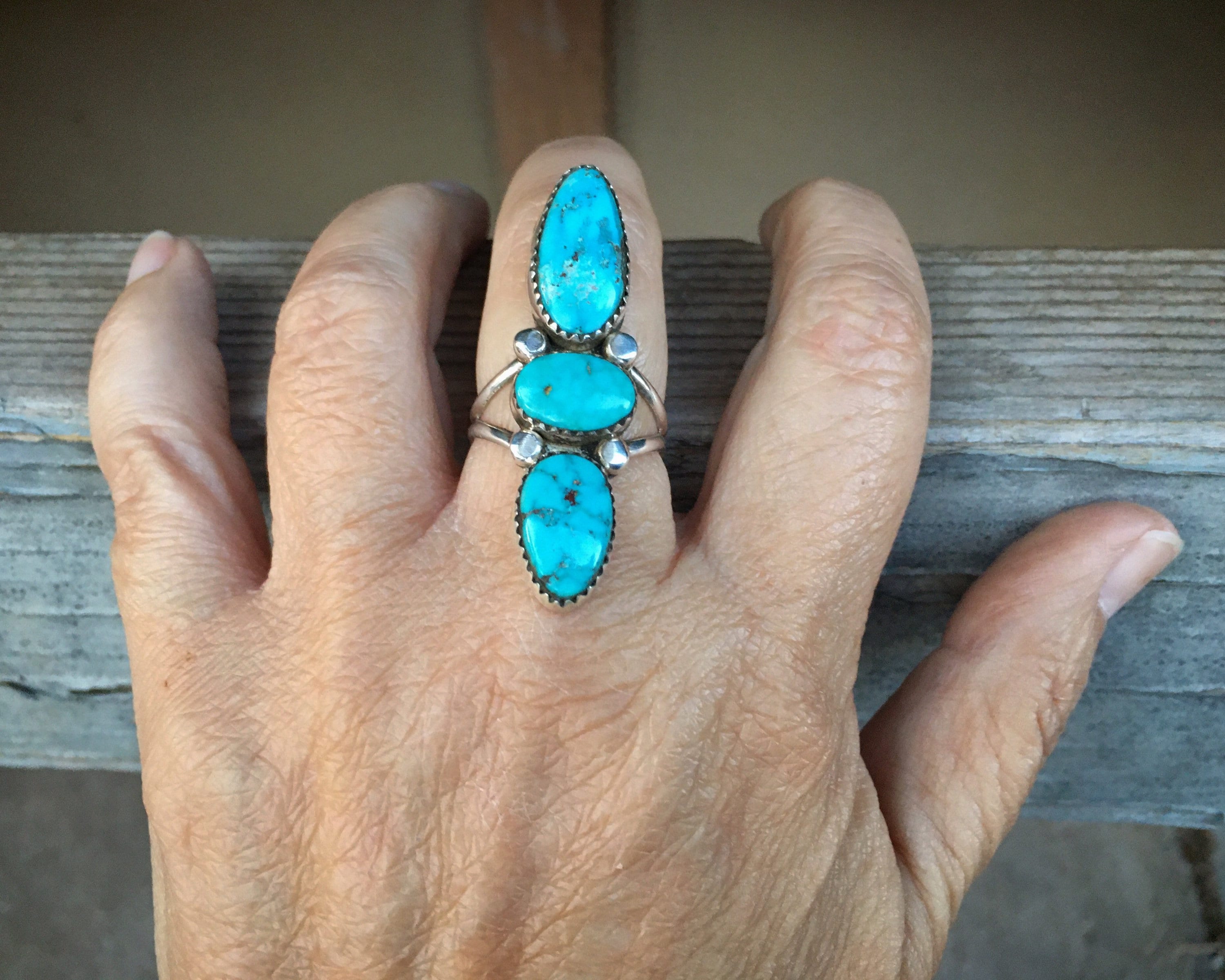 1-7/8 Long Turquoise Ring for Women Size 9, Southwestern Native America ...