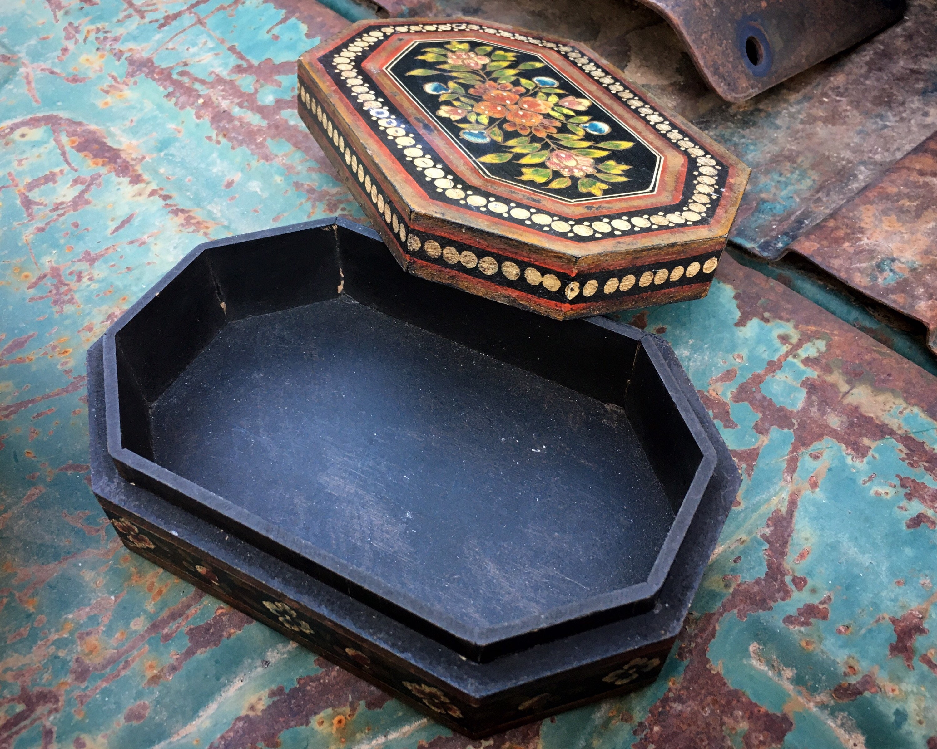 Small Flat Vintage Mexican Lacquer Painted Wood Box with Floral Design ...