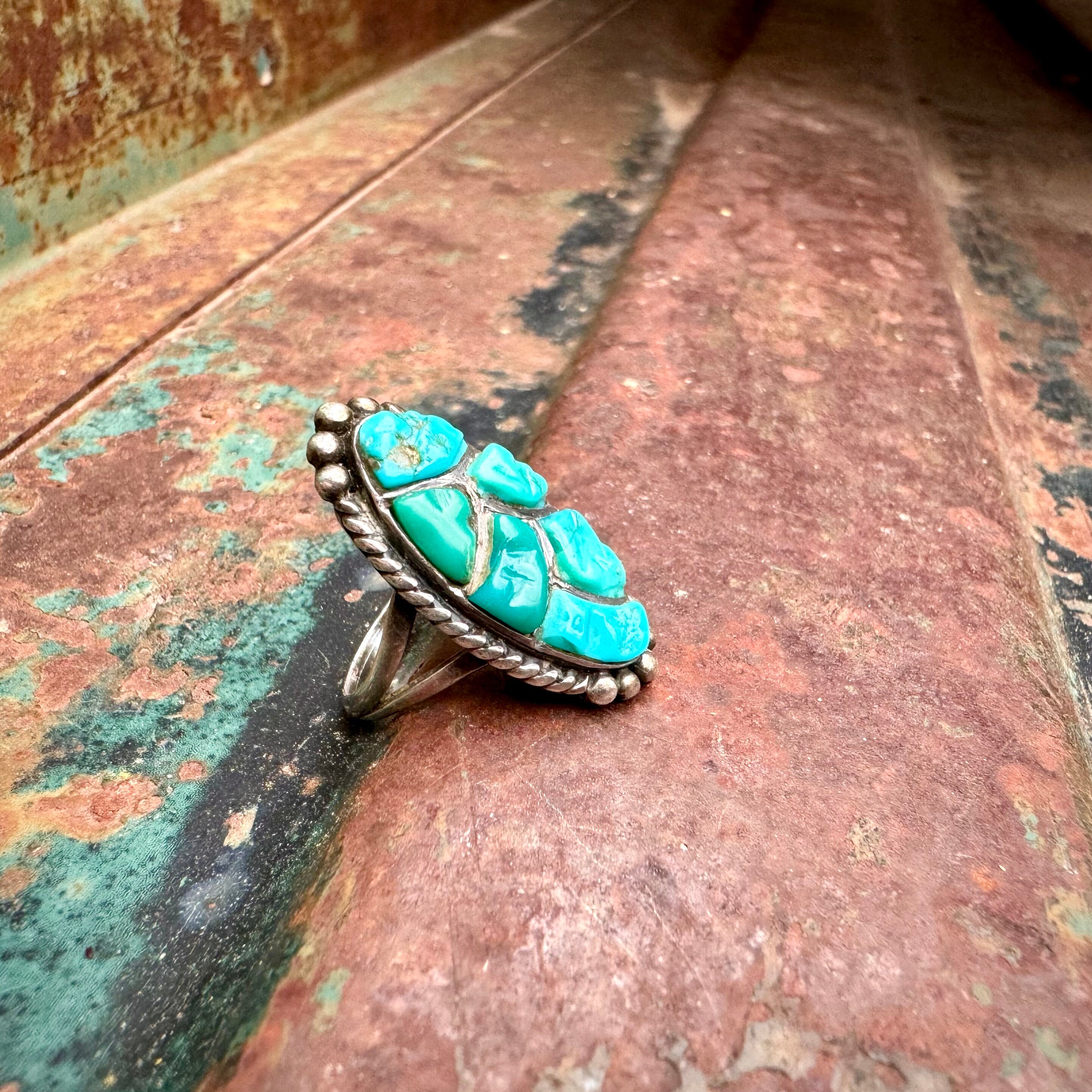 1950s Carved Turquoise Cobblestone Inlay Ring Size 6.25, Vintage Native ...