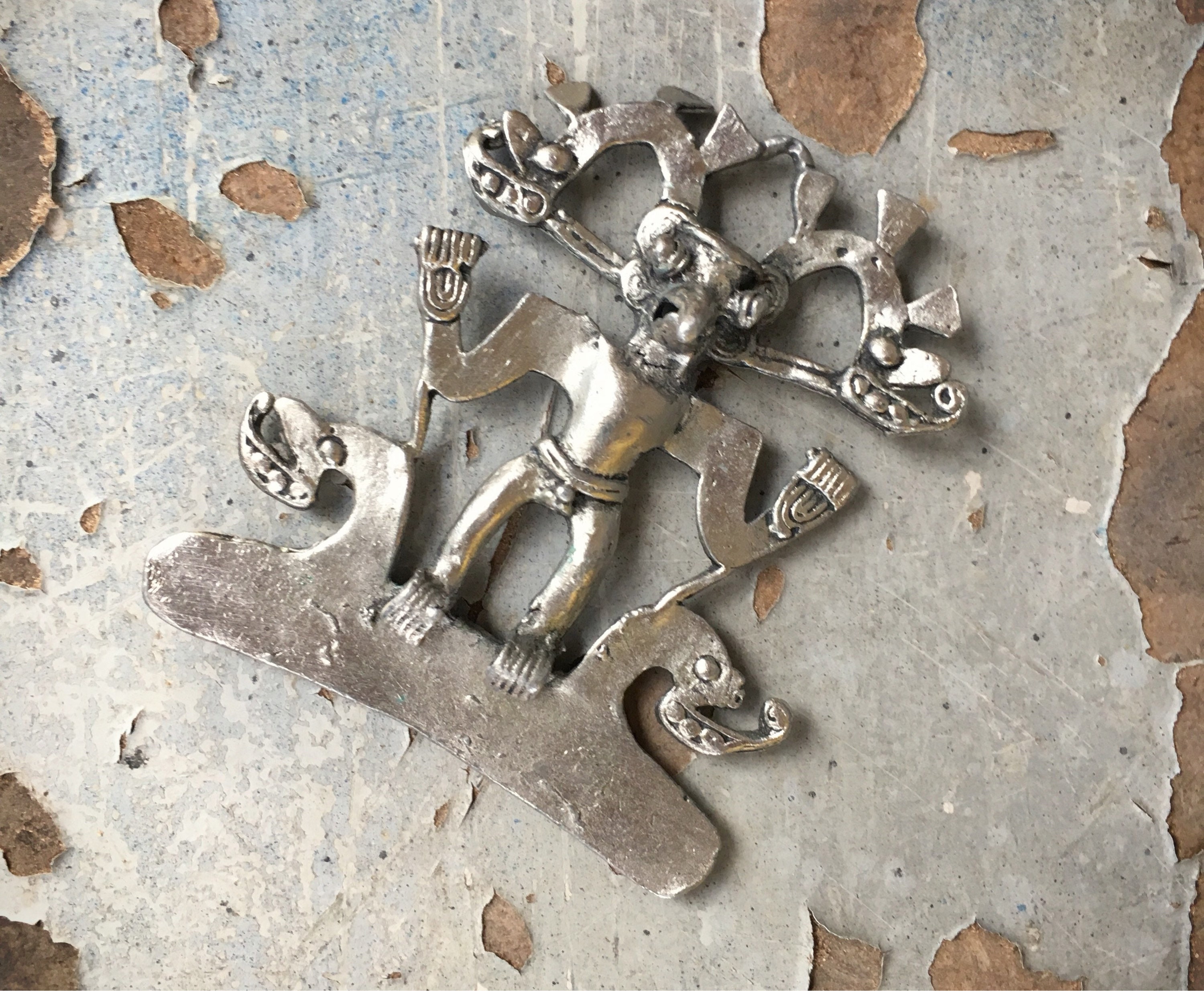 Large 1980s Silver Tone Pendant Aztec Warrior Costume Statement Jewelry ...