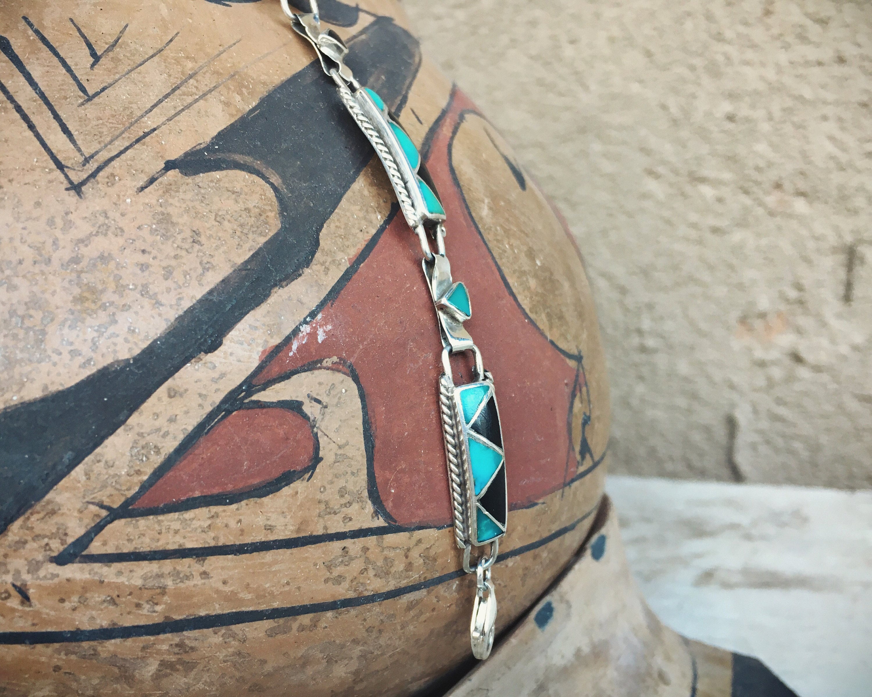 Vintage Turquoise Black Onyx Panel Link Bracelet Channel Inlay, Native ...
