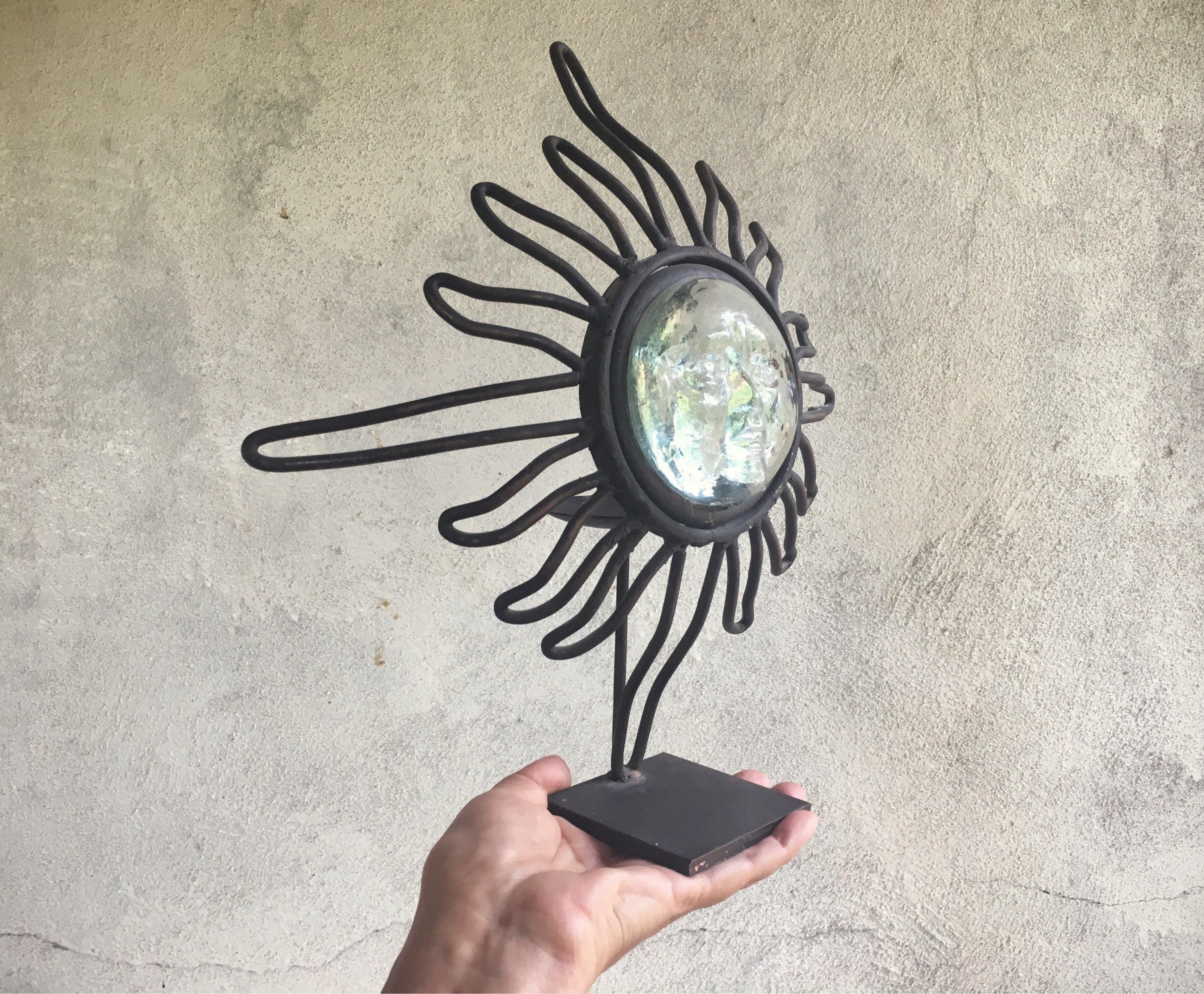 Vintage 11-1/2 tall rustic metal molded glass sun face candle holder ...